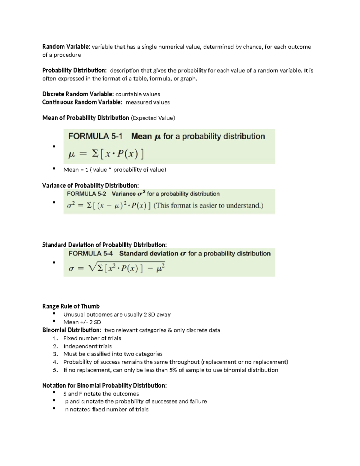 Chapter 5 Stats Notes - Random Variable: variable that has a single ...