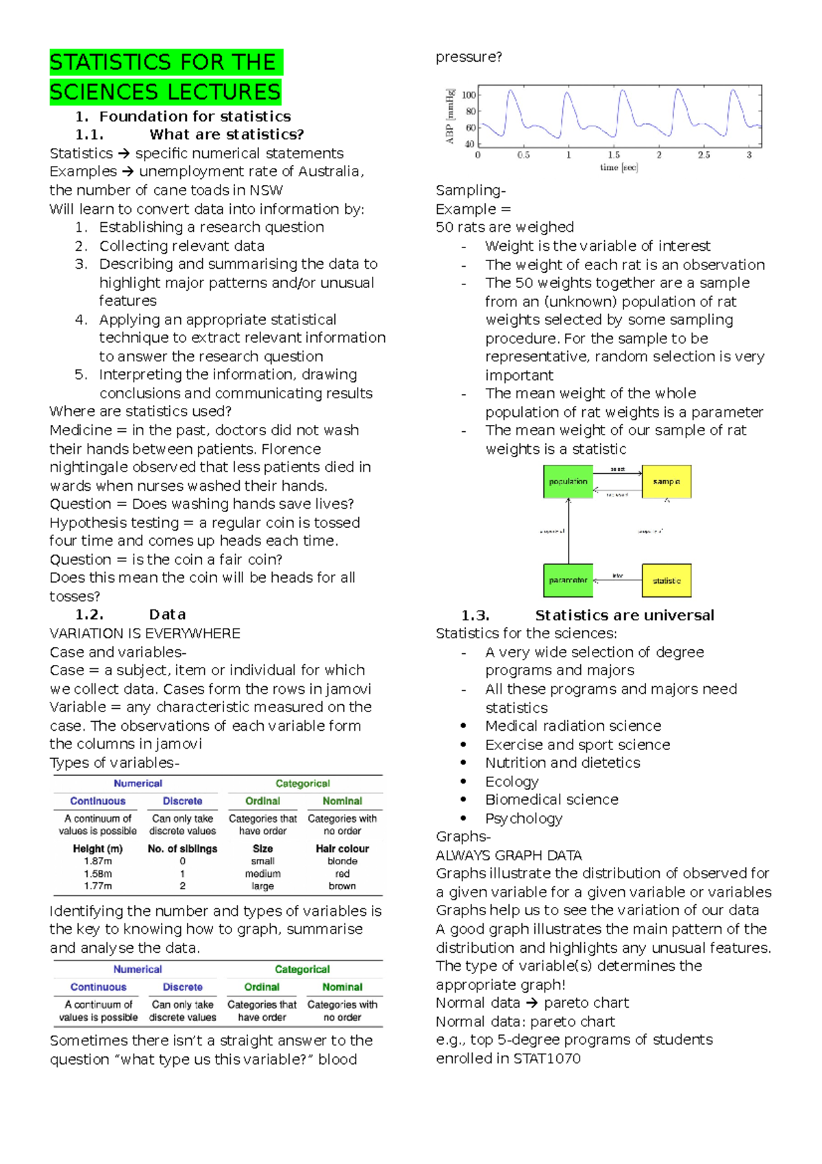 Statistics FOR THE Sciences Lectures - STATISTICS FOR THE SCIENCES ...