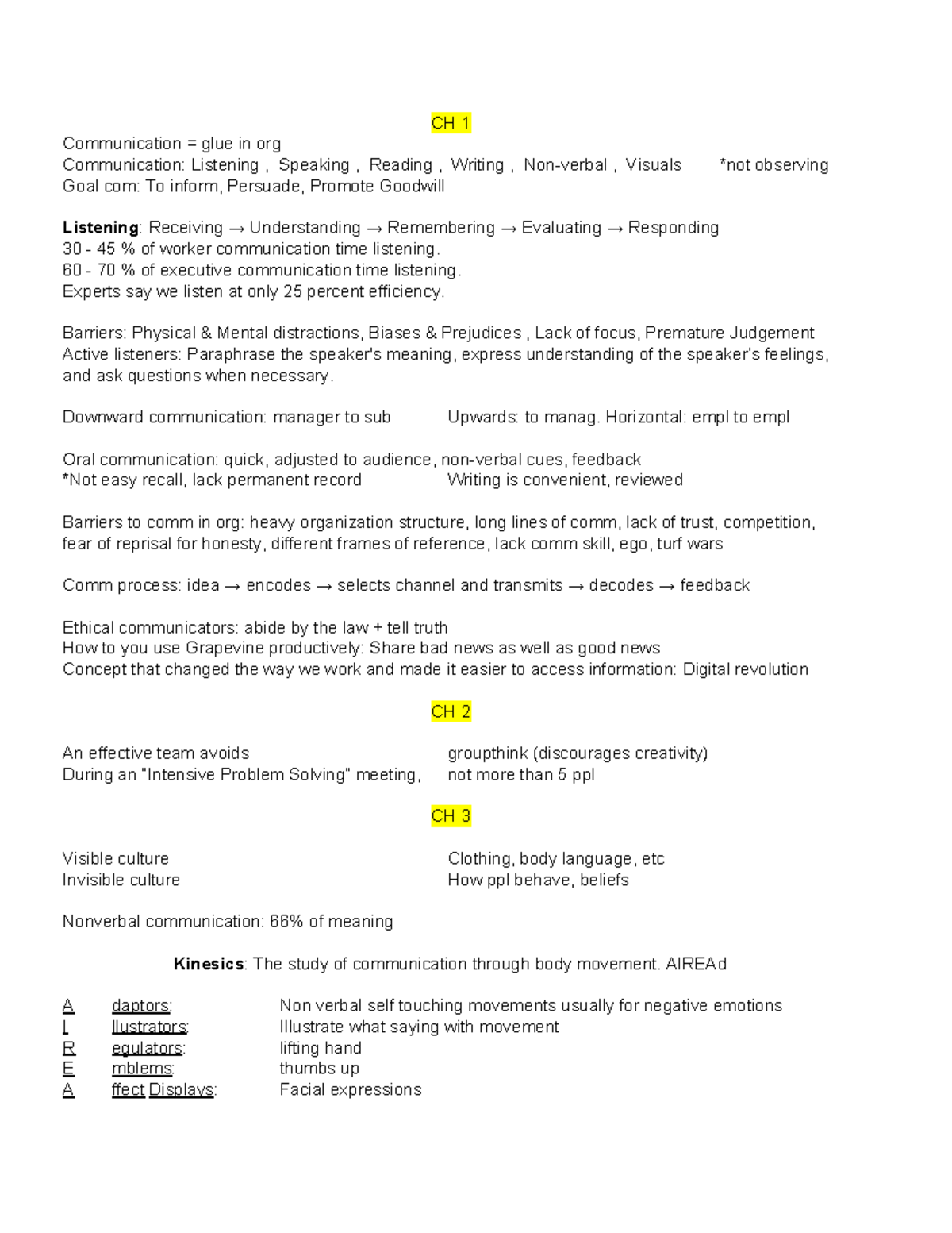 205 final - comm 205 notes - CH 1 Communication = glue in org ...