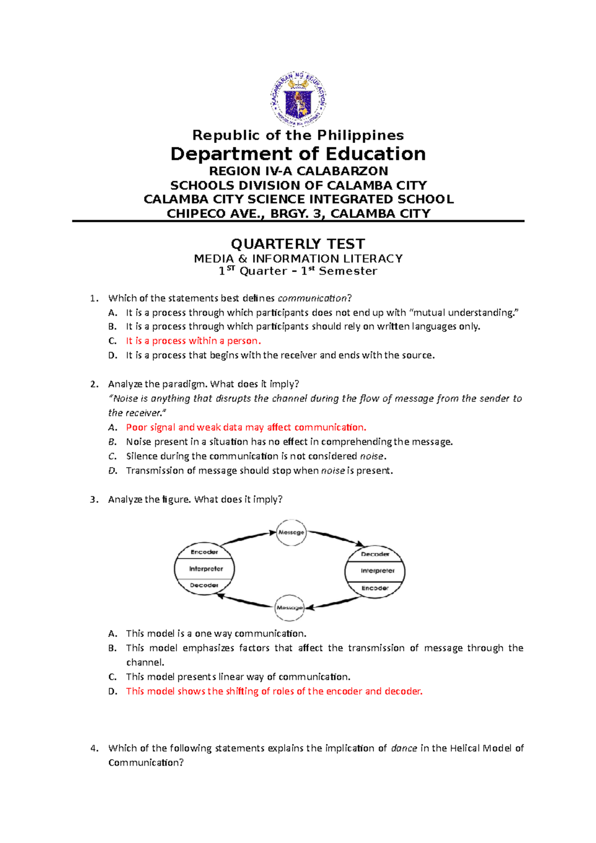 MIL Diagnostic Test Quarter 1 - Republic of the Philippines Department ...