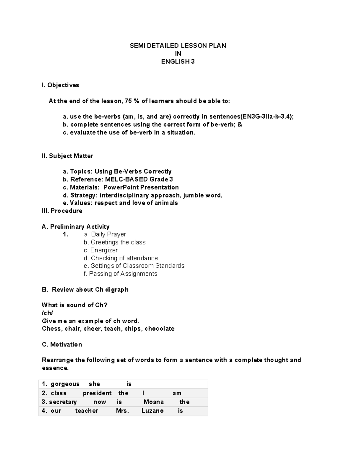 BE VERB grade 3 sdlp - SEMI DETAILED LESSON PLAN IN ENGLISH 3 I ...