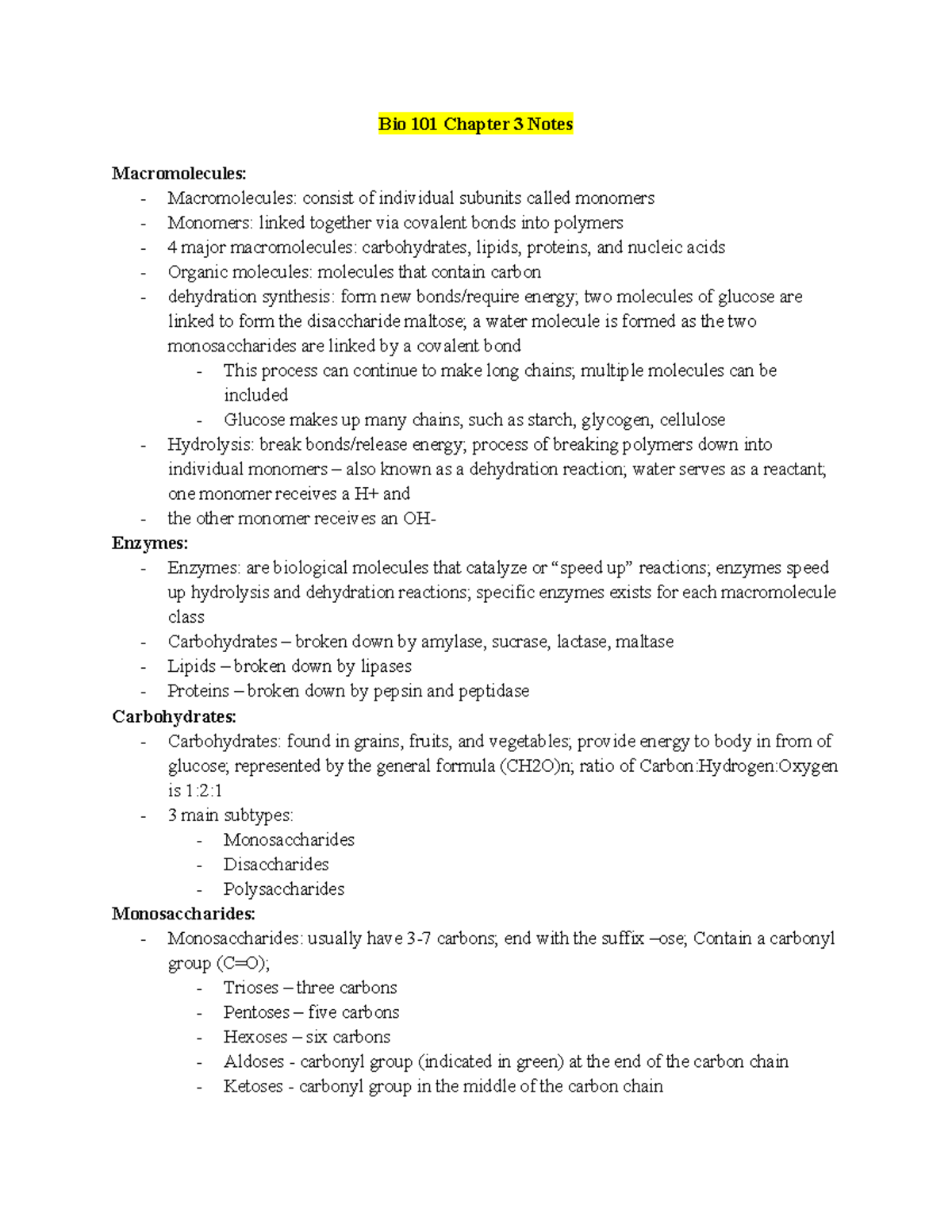 Bio 101 chapter 3 notes - Bio 101 Chapter 3 Notes Macromolecules ...