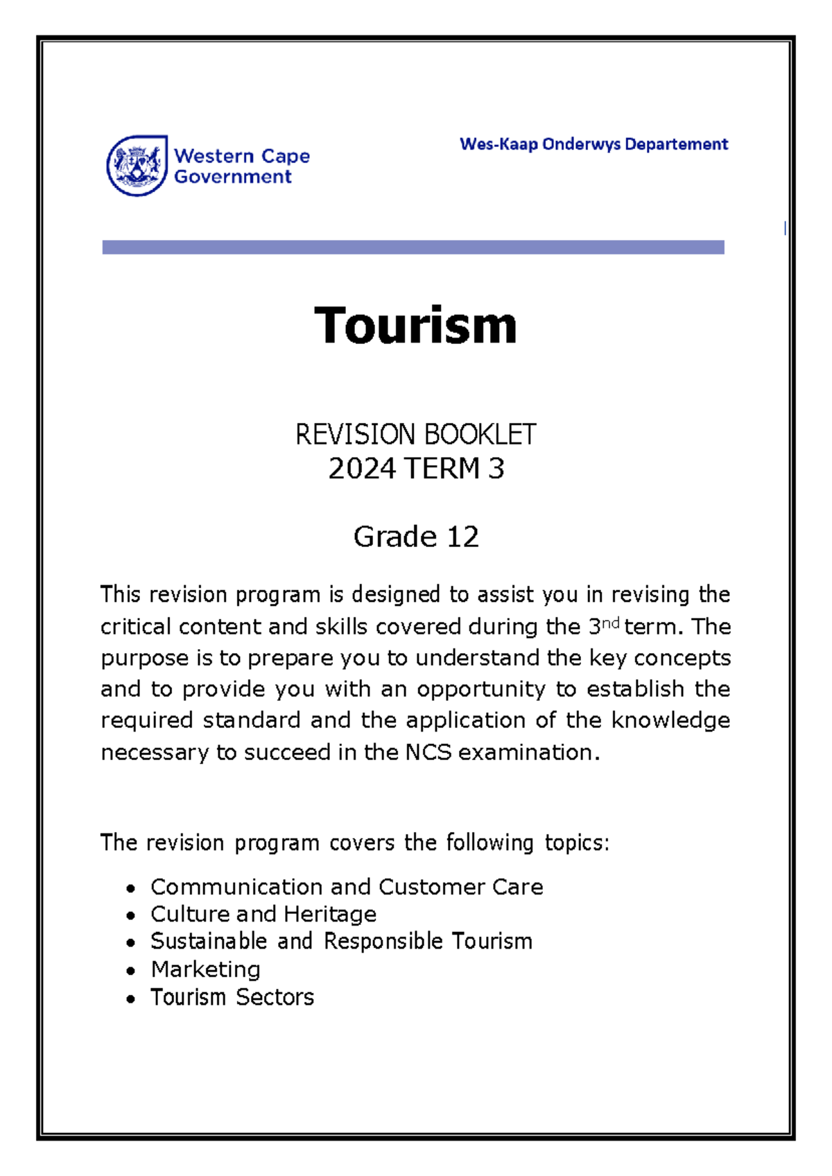 Tourism Revision Material Grade 12 Term 3 2024 - Directorate ...