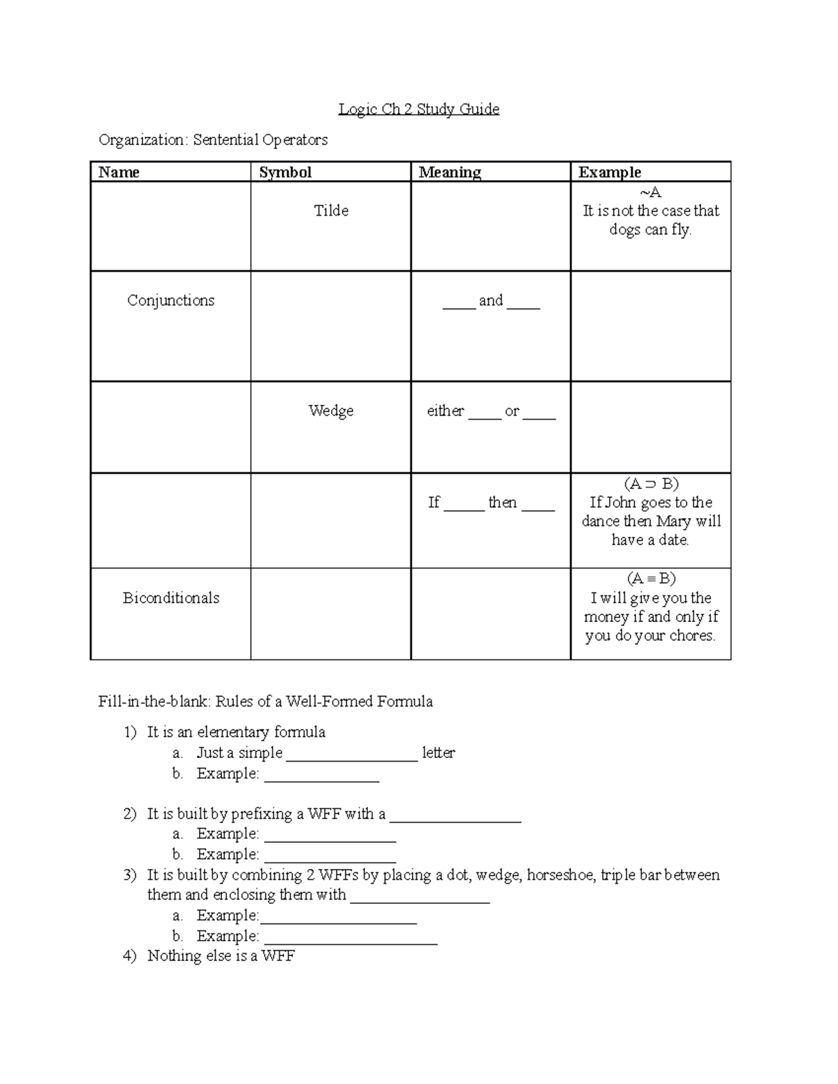Sentential Operators Answer Key - Logic Ch 2 Study Guide Organization: Sentential Operators Name ...