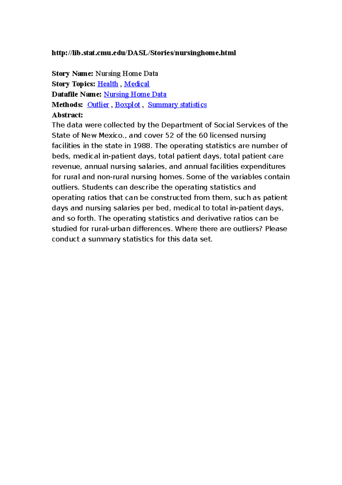 Ex 1 Nursing Home Data - homework assignment - lib.stat.cmu/DASL ...