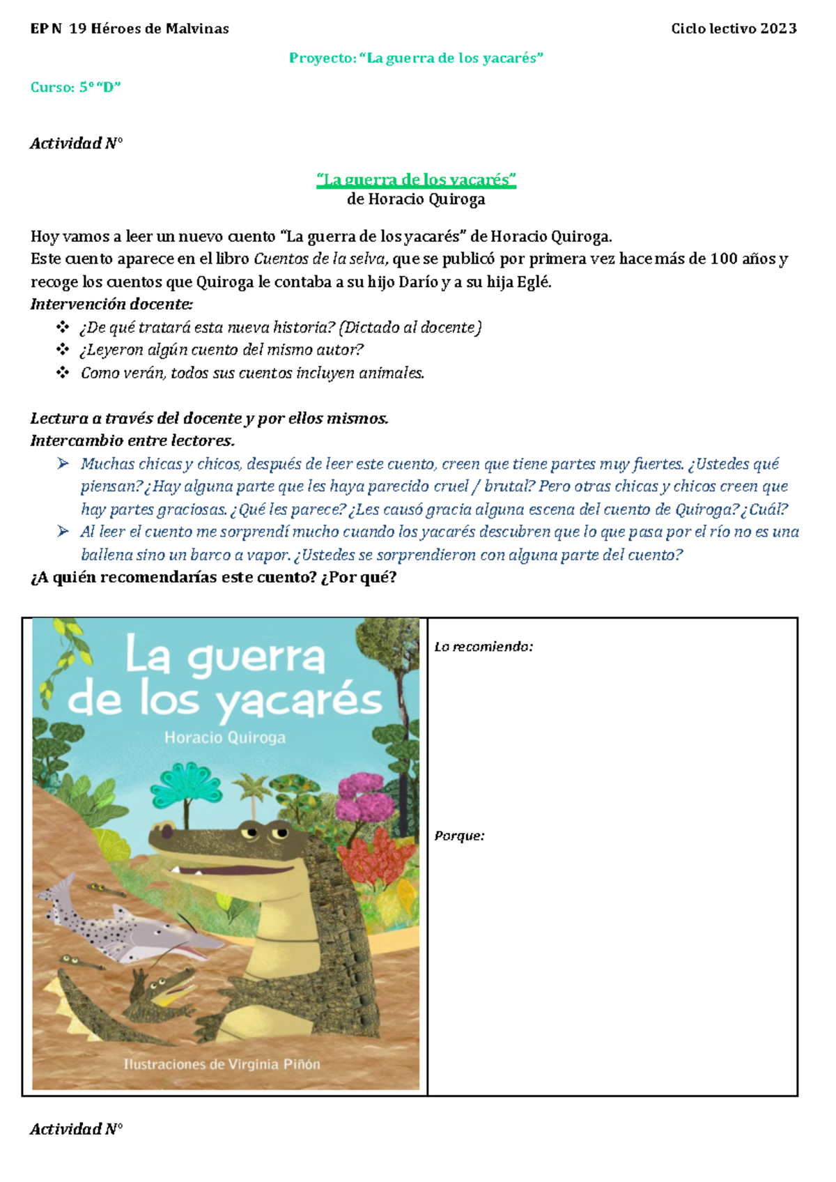 La guerra de los yacarés propuesta mes mayo 5°D - Proyecto: “La guerra ...