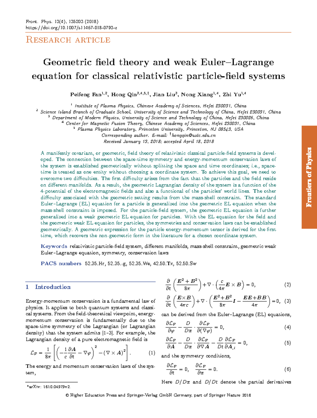 Fan2018 Article Geometric Field Theory And Weak Eul - Front. Phys. 13(4 ...