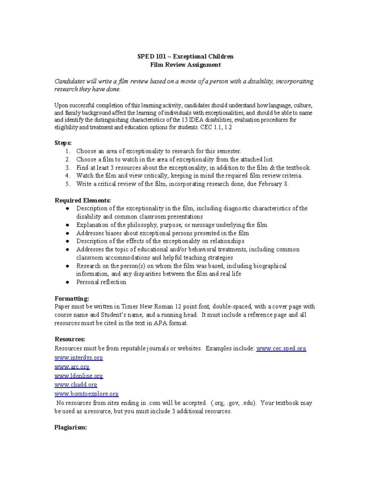 Copy of SPED 101 Film Review Assignment & Rubric 2018 - SPED 101 ...