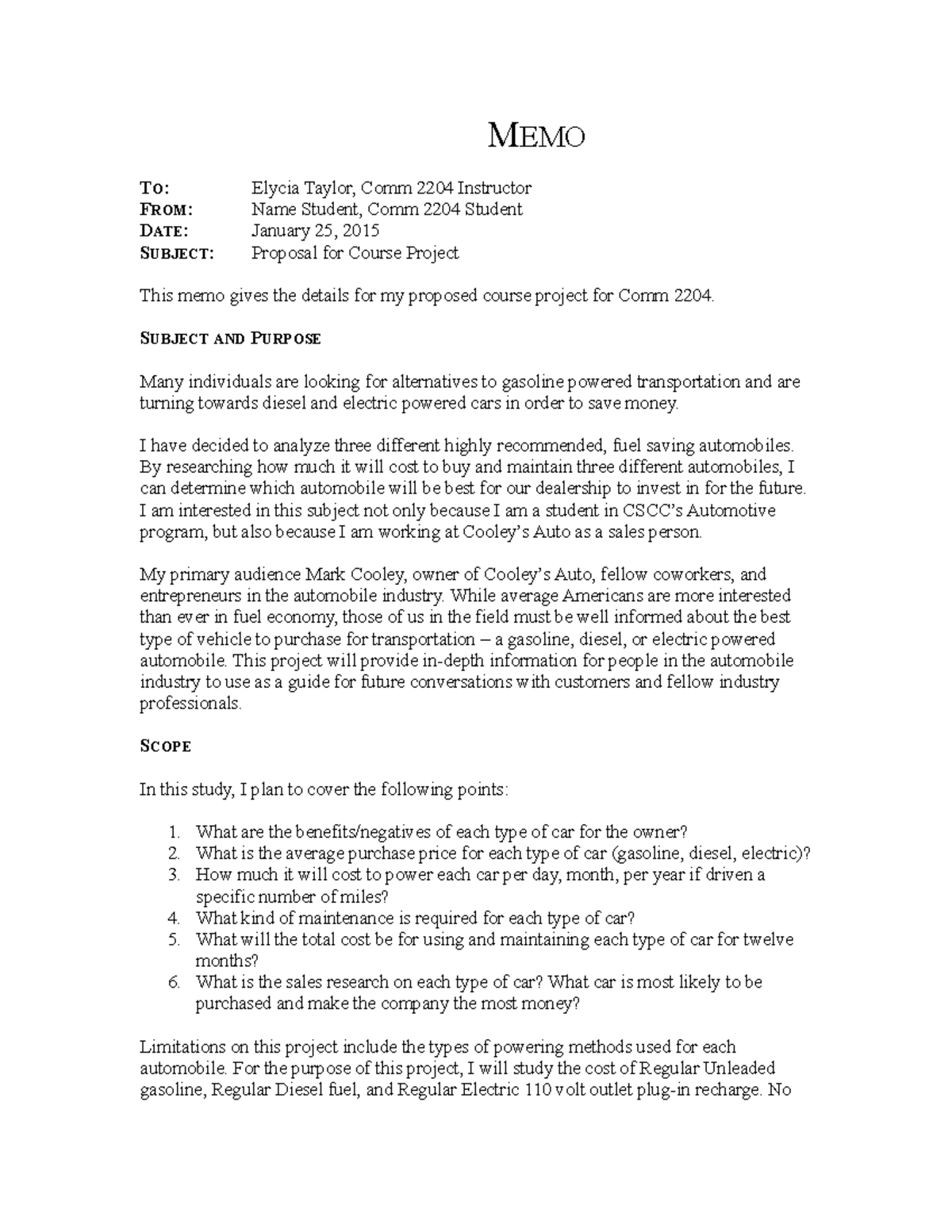 Sample Project Proposal Memo Auto - MEMO TO: Elycia Taylor, Comm 2204 ...