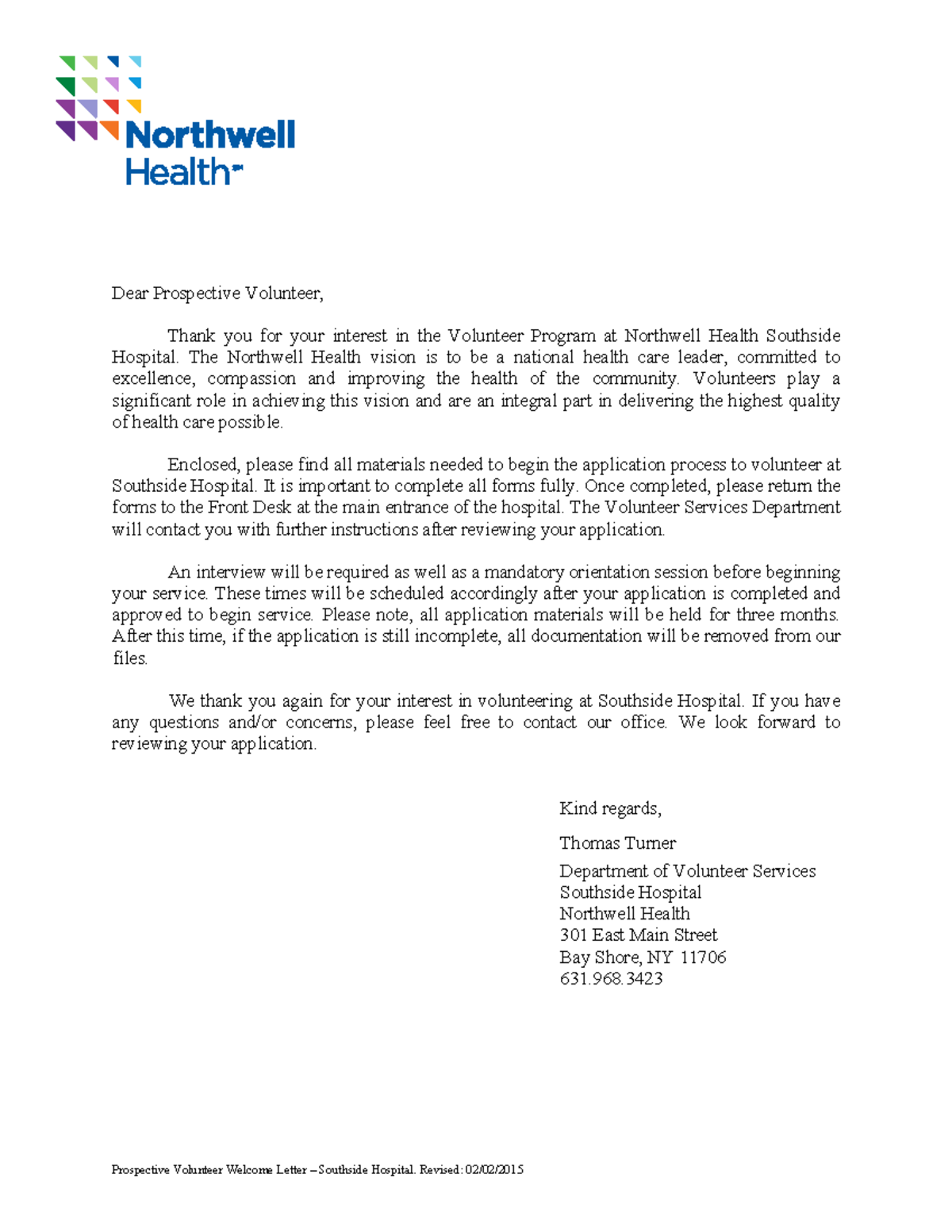 NH Application - ####### Prospective Volunteer Welcome Letter ...