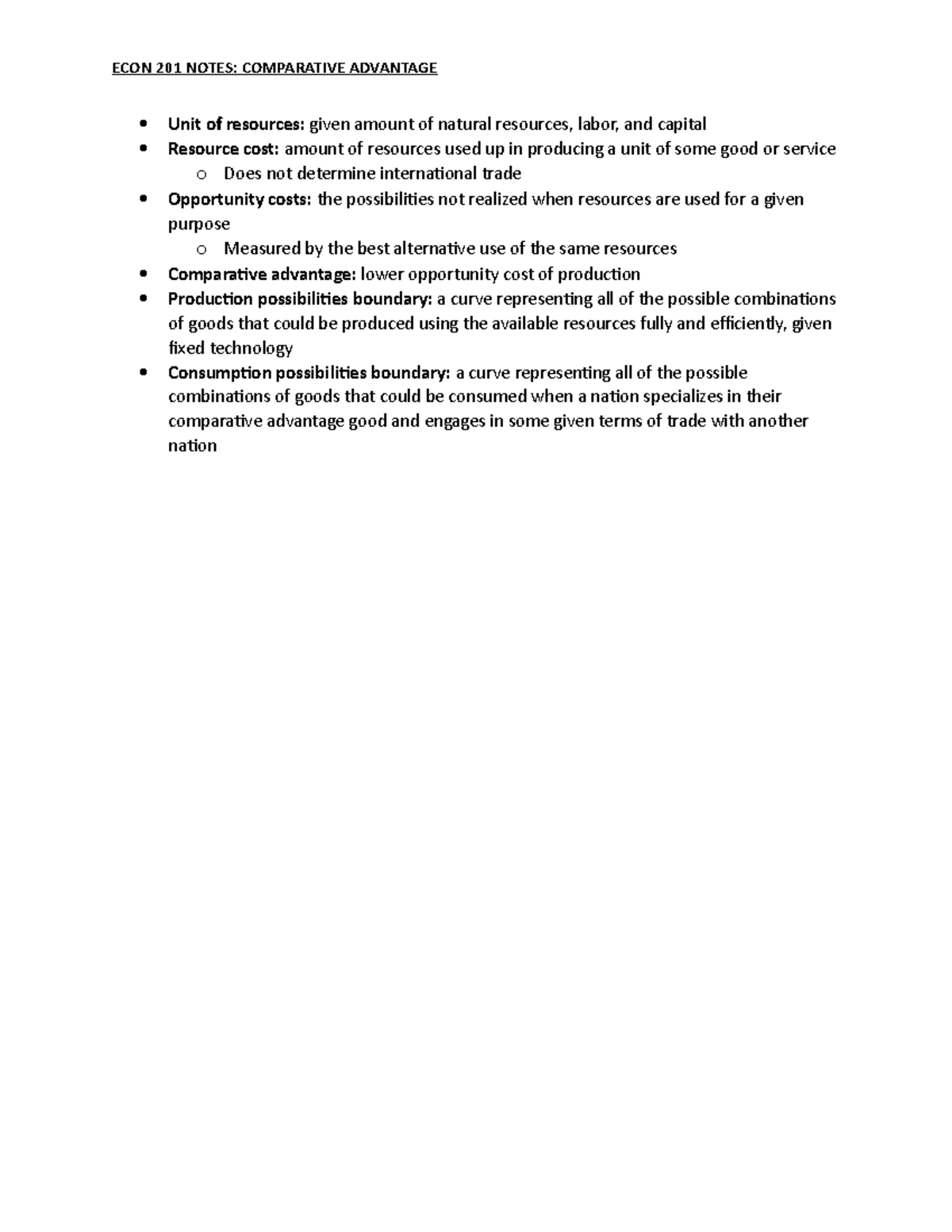 Econ 201 Comparative Advantage Notes - ECON 201 NOTES: COMPARATIVE ...