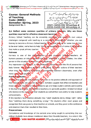 8601 (assignment 1) - Assignment no. 1 Course code: 8601 (General Methods of Teaching) Submitted ...