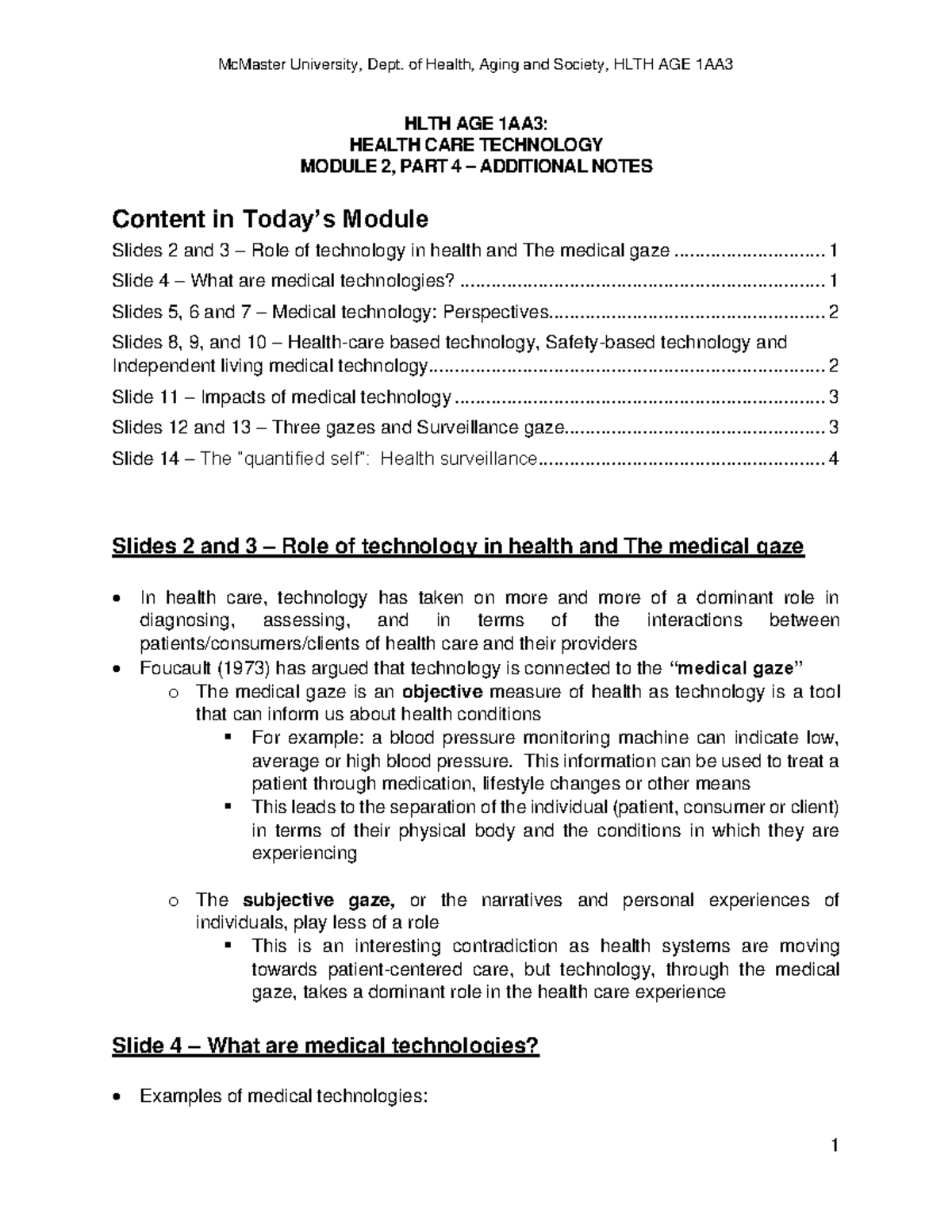 Module 2 - Part 4 - Additional notes - HLTH AGE 1AA3: HEALTH CARE ...