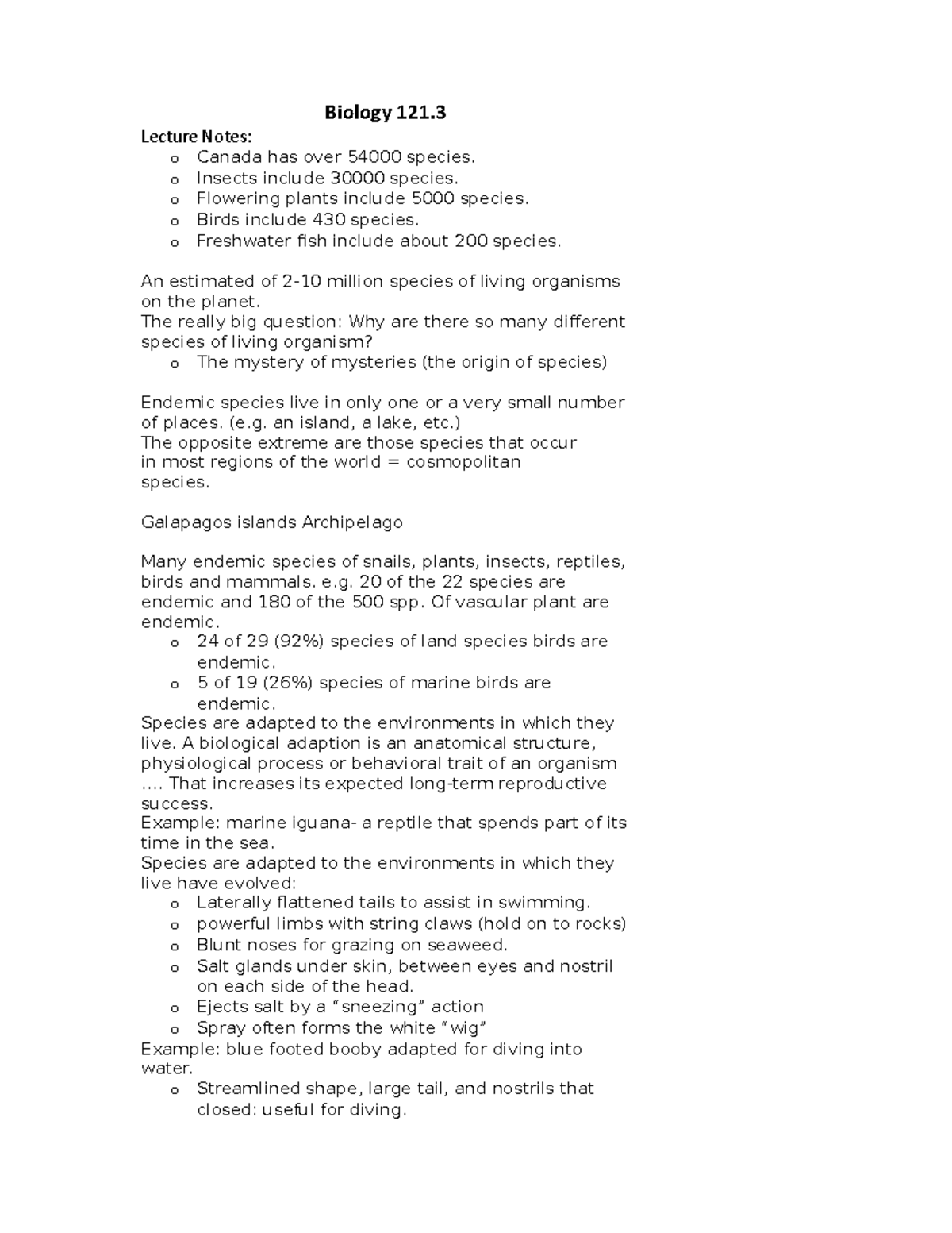 Biology 121 lectur notes - Biology 121 Lecture Notes: o o o o o Canada ...
