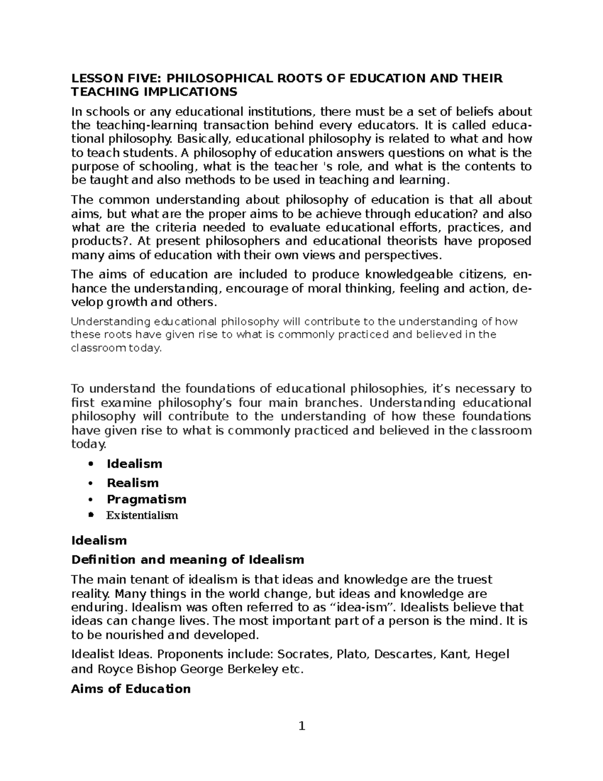 Lesson FIVE (A) Philosophical Roots OF Education Their Teaching ...