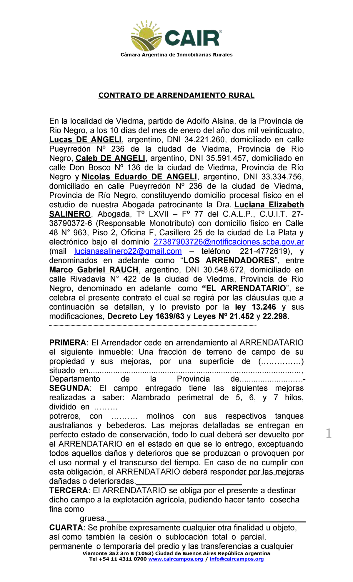 Modelo Contrato Arrendamiento Rural - Cámara Argentina de Inmobiliarias Rurales Viamonte 352 3ro ...
