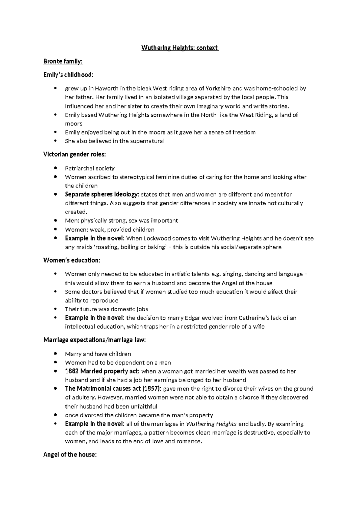 Wuthering Heights context notes - Wuthering Heights: context Bronte ...