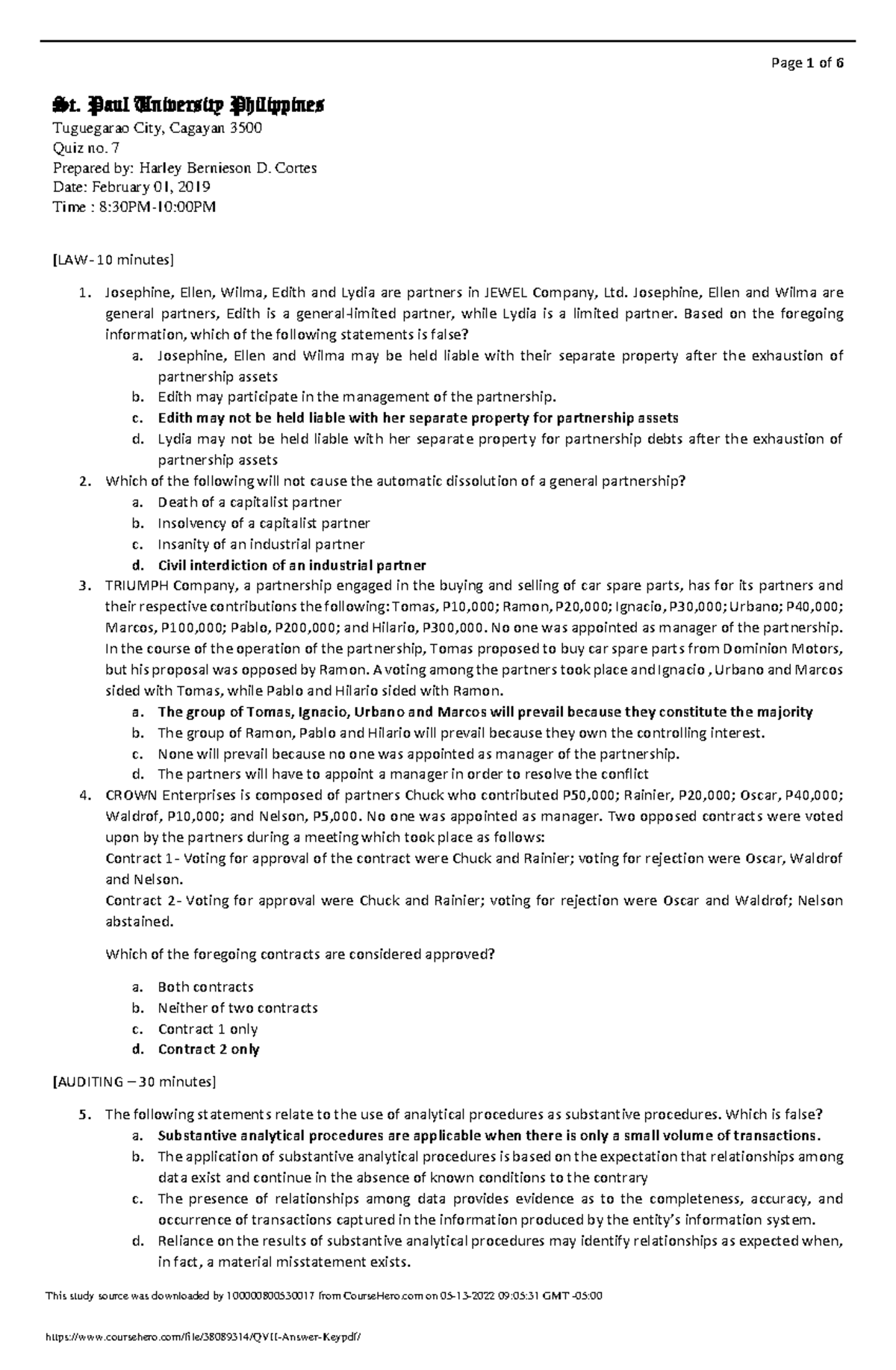 QVII Answer Key - Auditing of Receivables practice materials lectures ...