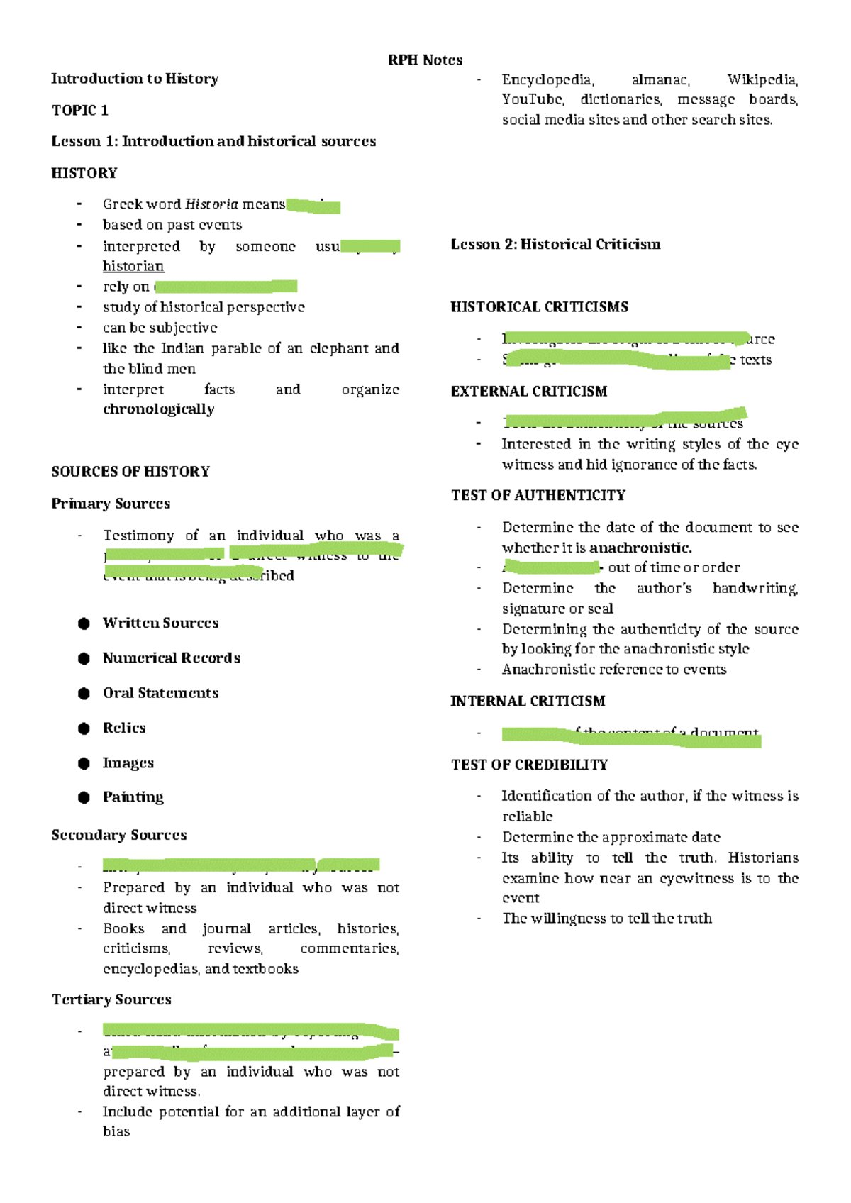 RPH-Notes - Introduction to History TOPIC 1 Lesson 1: Introduction and ...