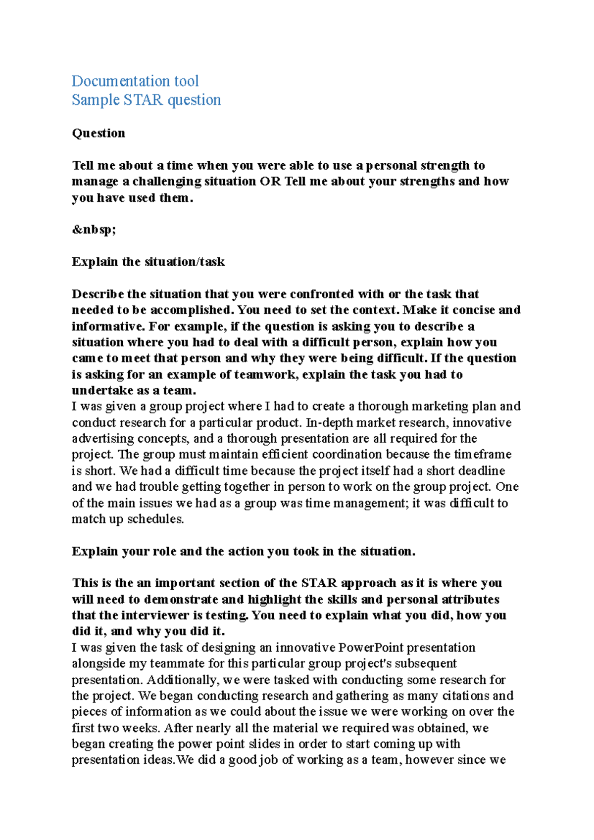 star framework reflection - Documentation tool Sample STAR question ...