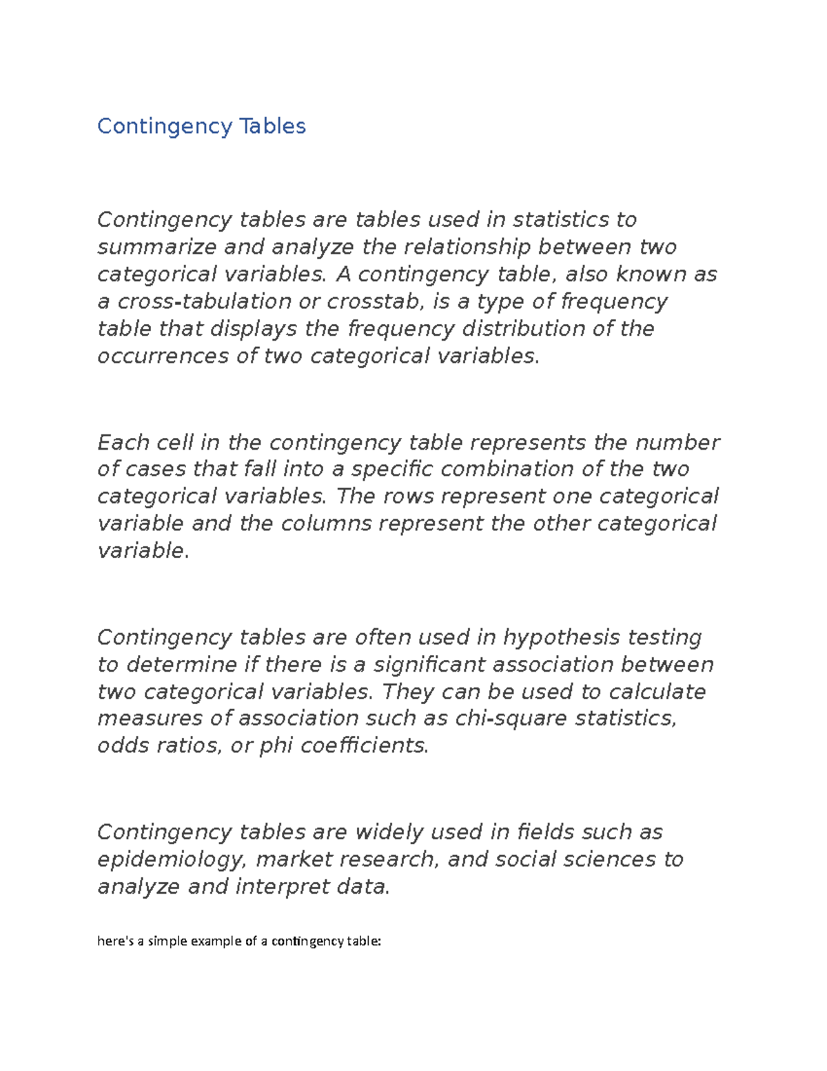 Stat Chapter 5 Table Contingency Tables Contingency Tables Are Tables Used In Statistics To