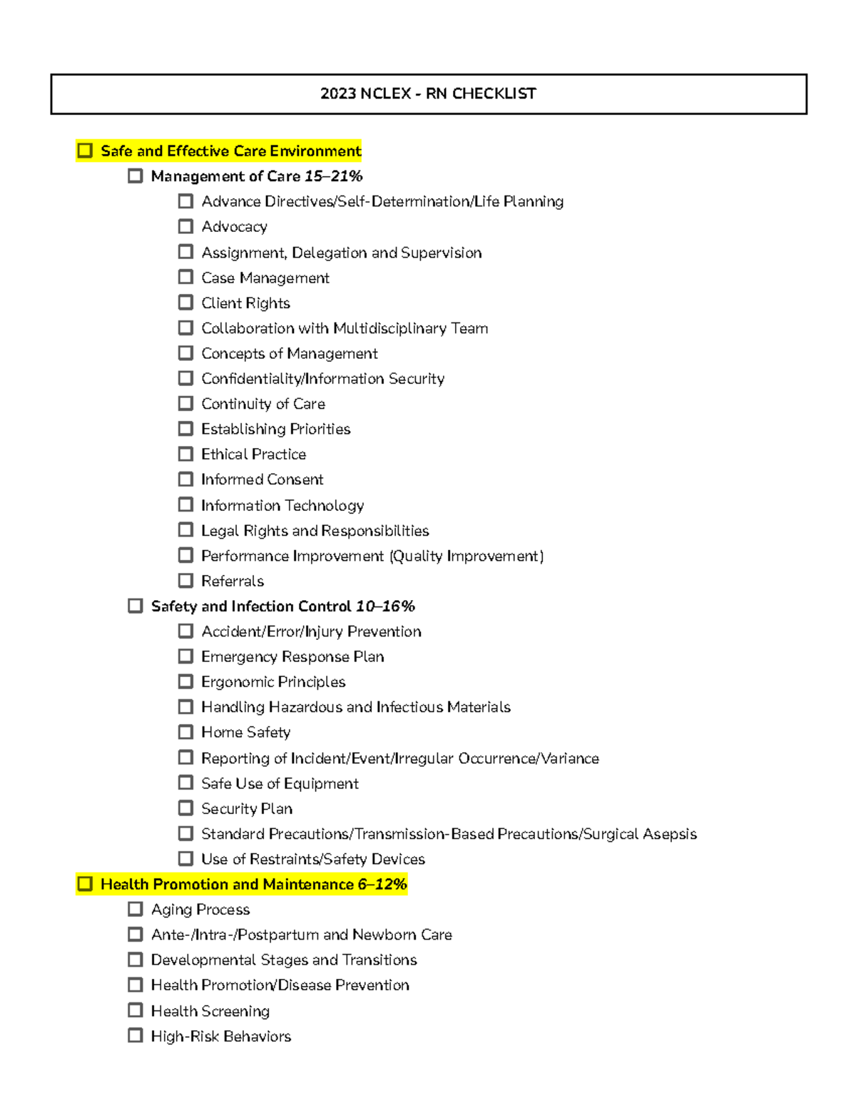 Nclex Checklist - LOL - 2023 NCLEX - RN CHECKLIST Safe and Effective ...