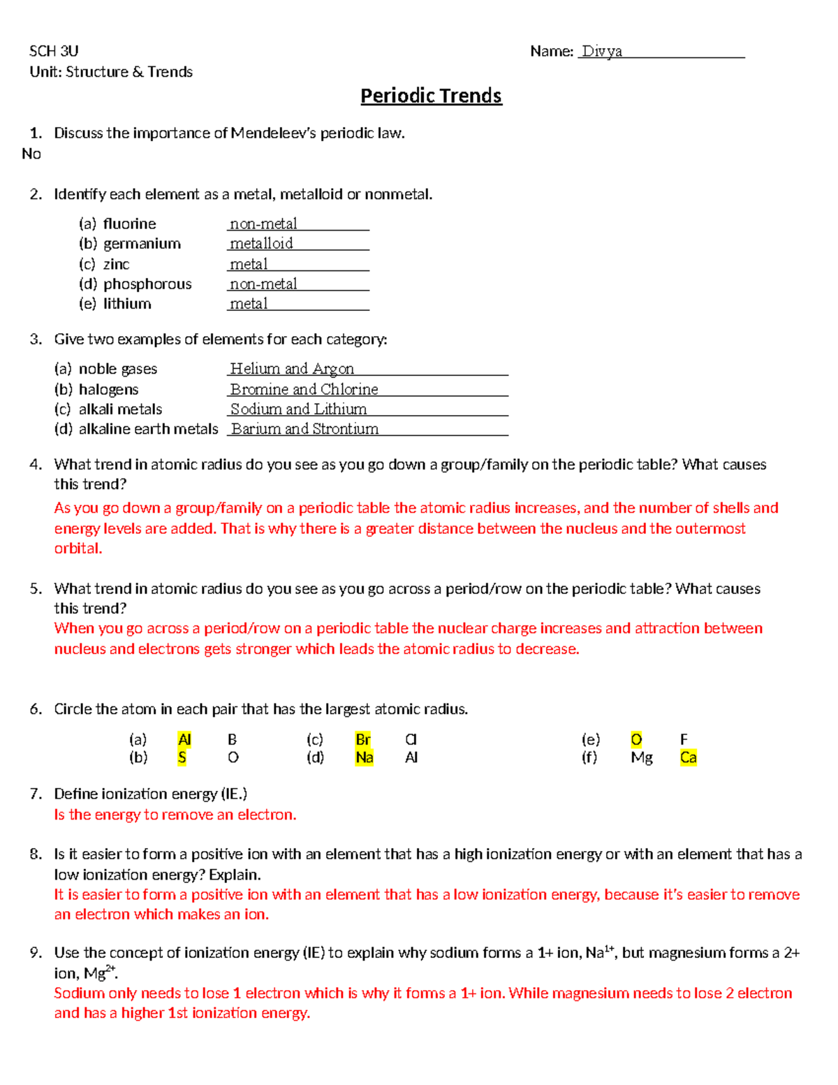 Perodic trends - chem - SCH 3U Name: Divya Unit: Structure & Trends ...