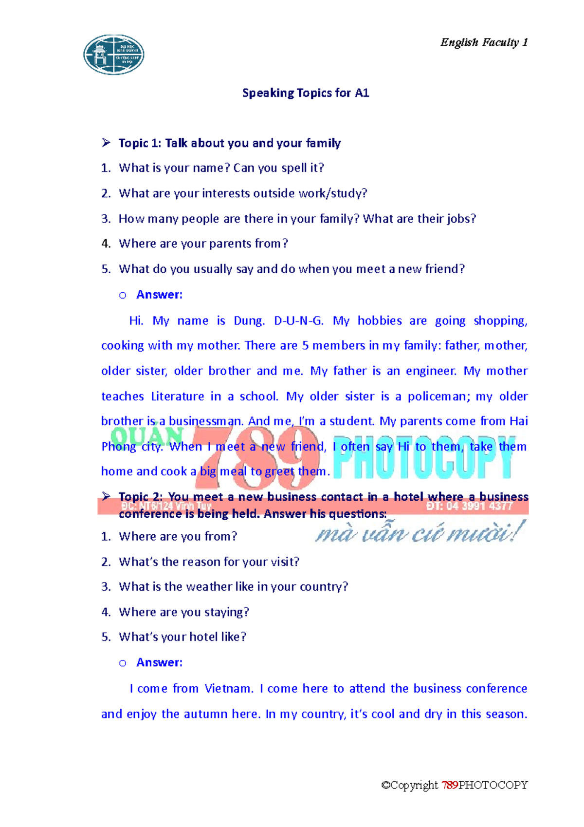 Dap an - Topics for Speaking Test A1 Sept2014 - Speaking Topics for A ...