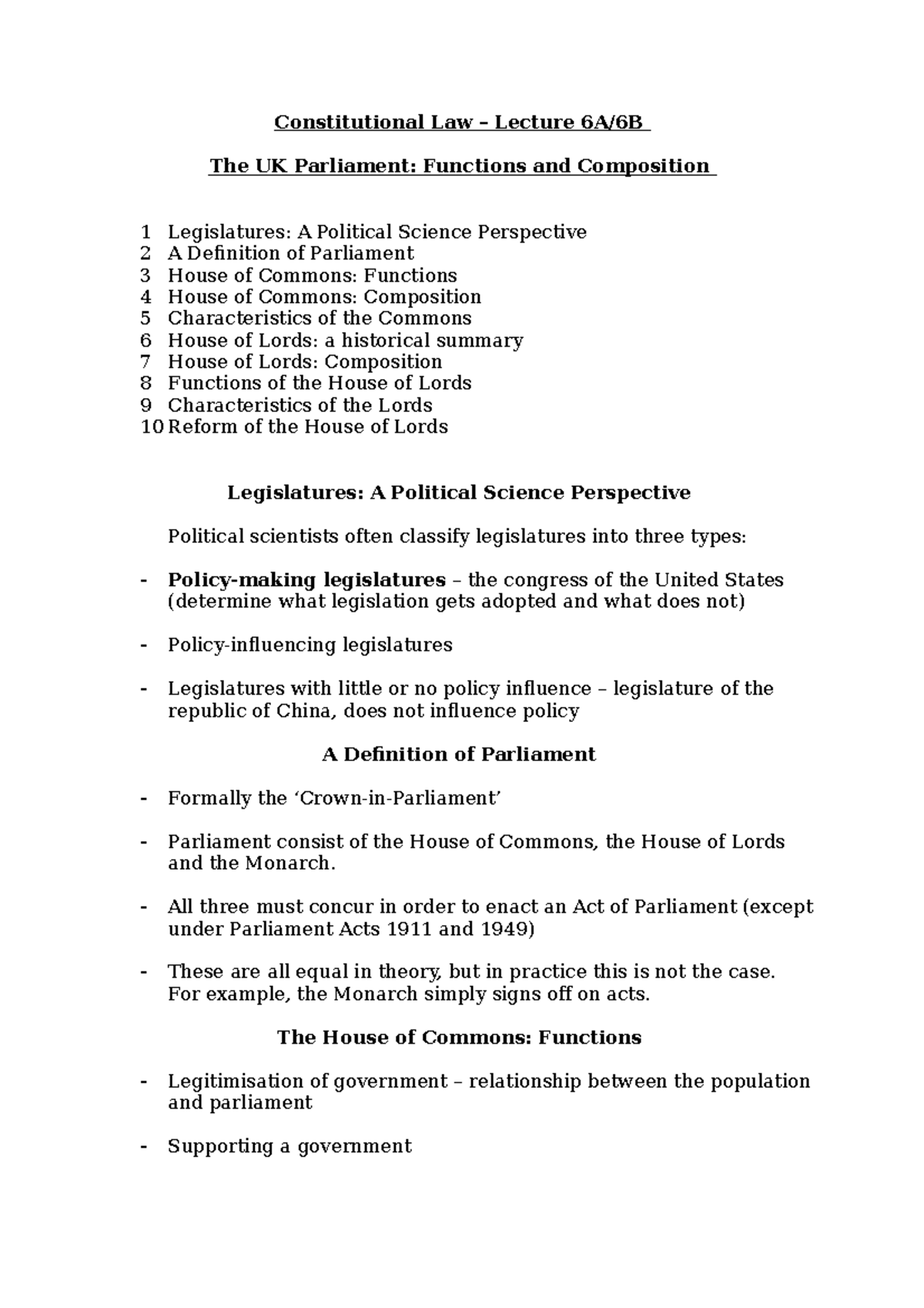 Lecture 6A:6B - 6A,B - Constitutional Law – Lecture 6A/6B The UK ...