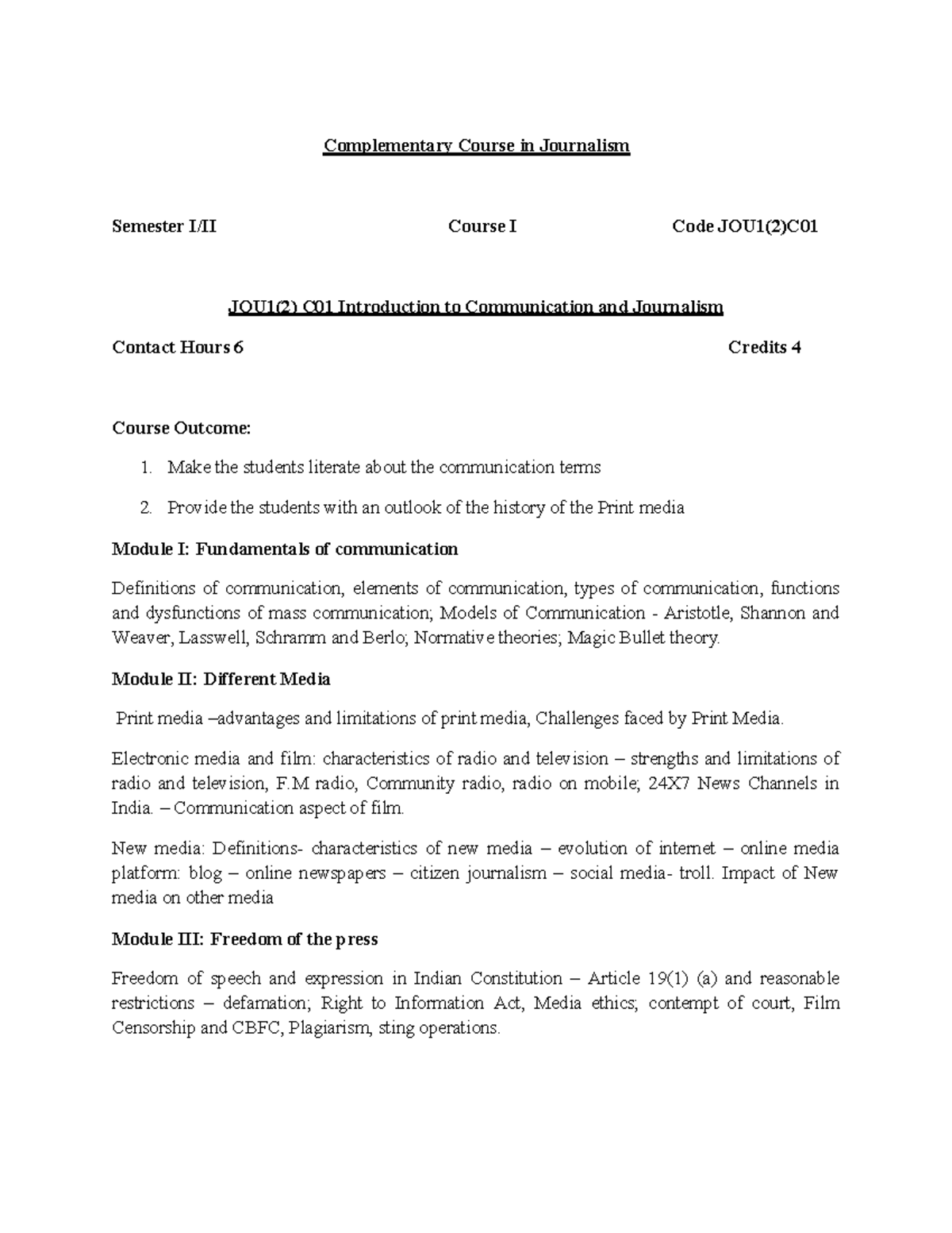 Syllabus Journalism - Complementary Course in Journalism Semester I/II ...