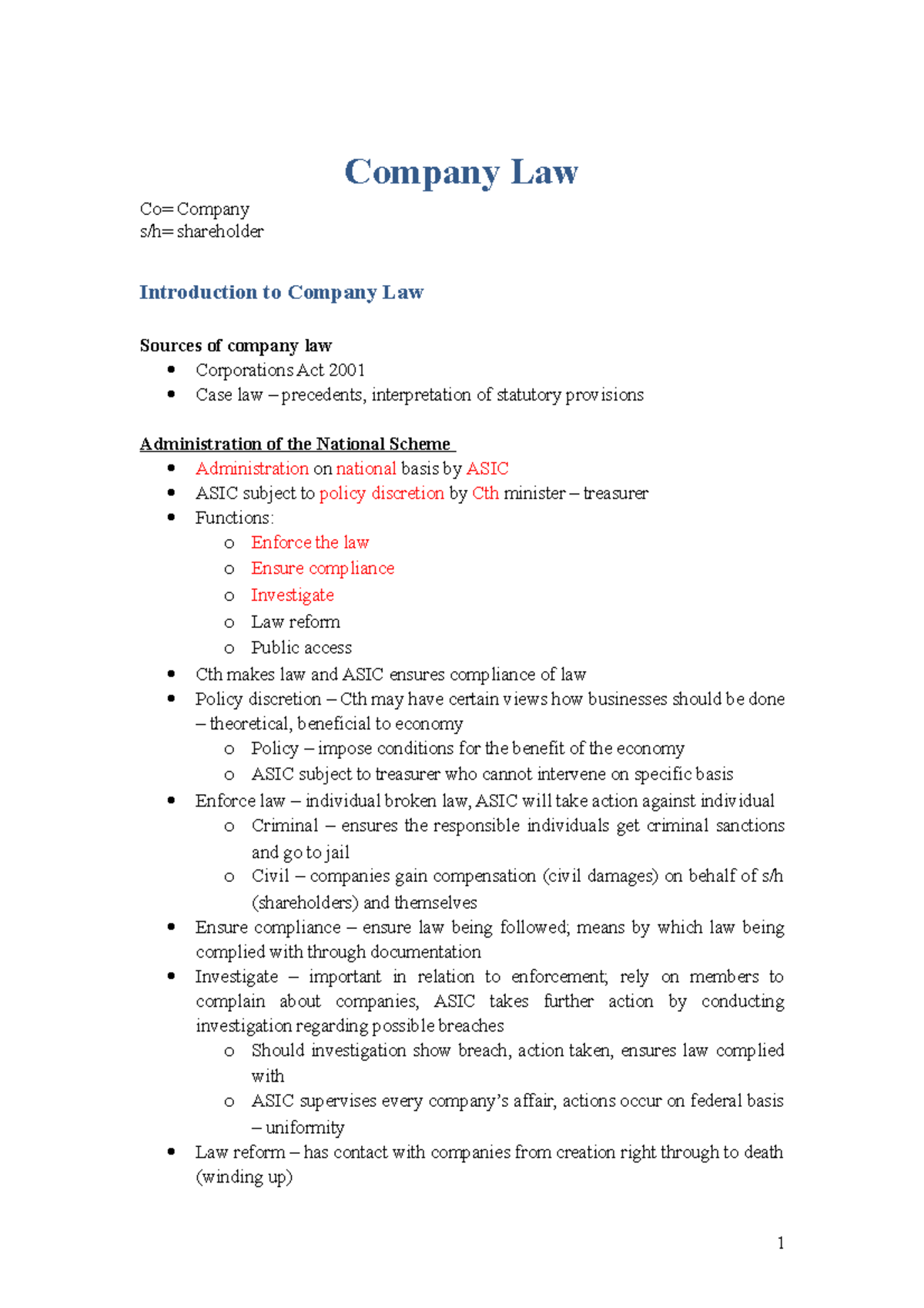 Company Law- Notes - Company Law Company shareholder Introduction to ...