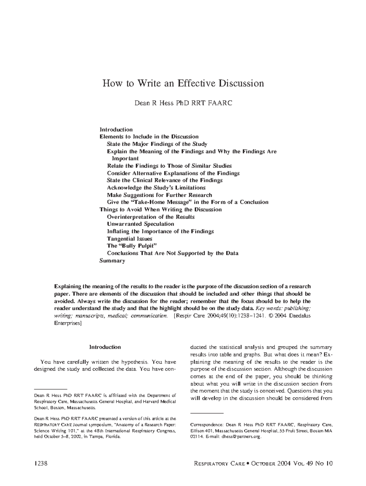How to write a Discussion Section - Dean R Hess PhD RRT FAARC ...