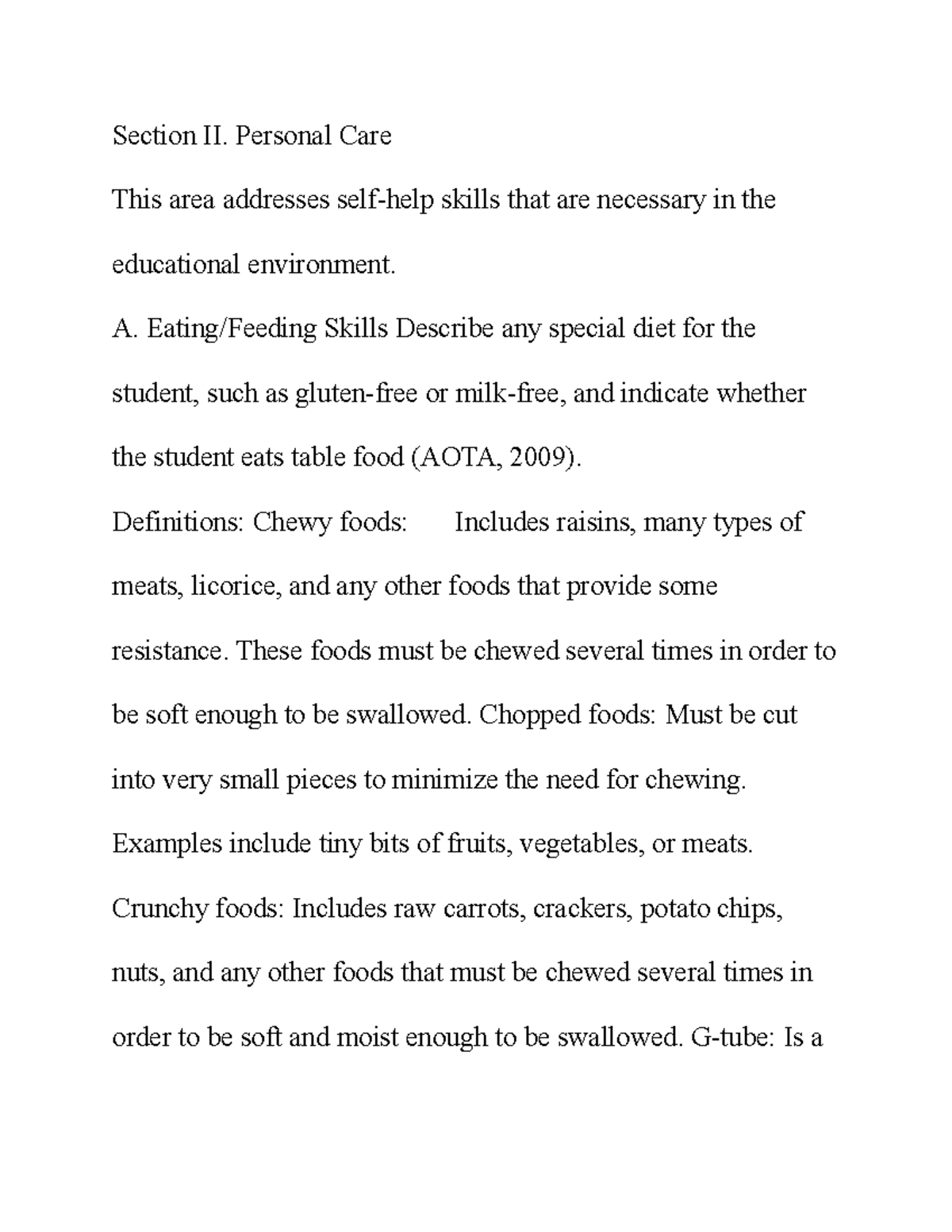 Section II - lecture notes - Section II. Personal Care This area ...