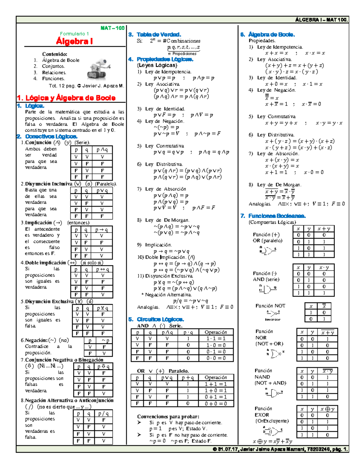 Formulario mat100 Logic Conj Relac Func JJ 111 - MAT – 100 Formulario 1 ...
