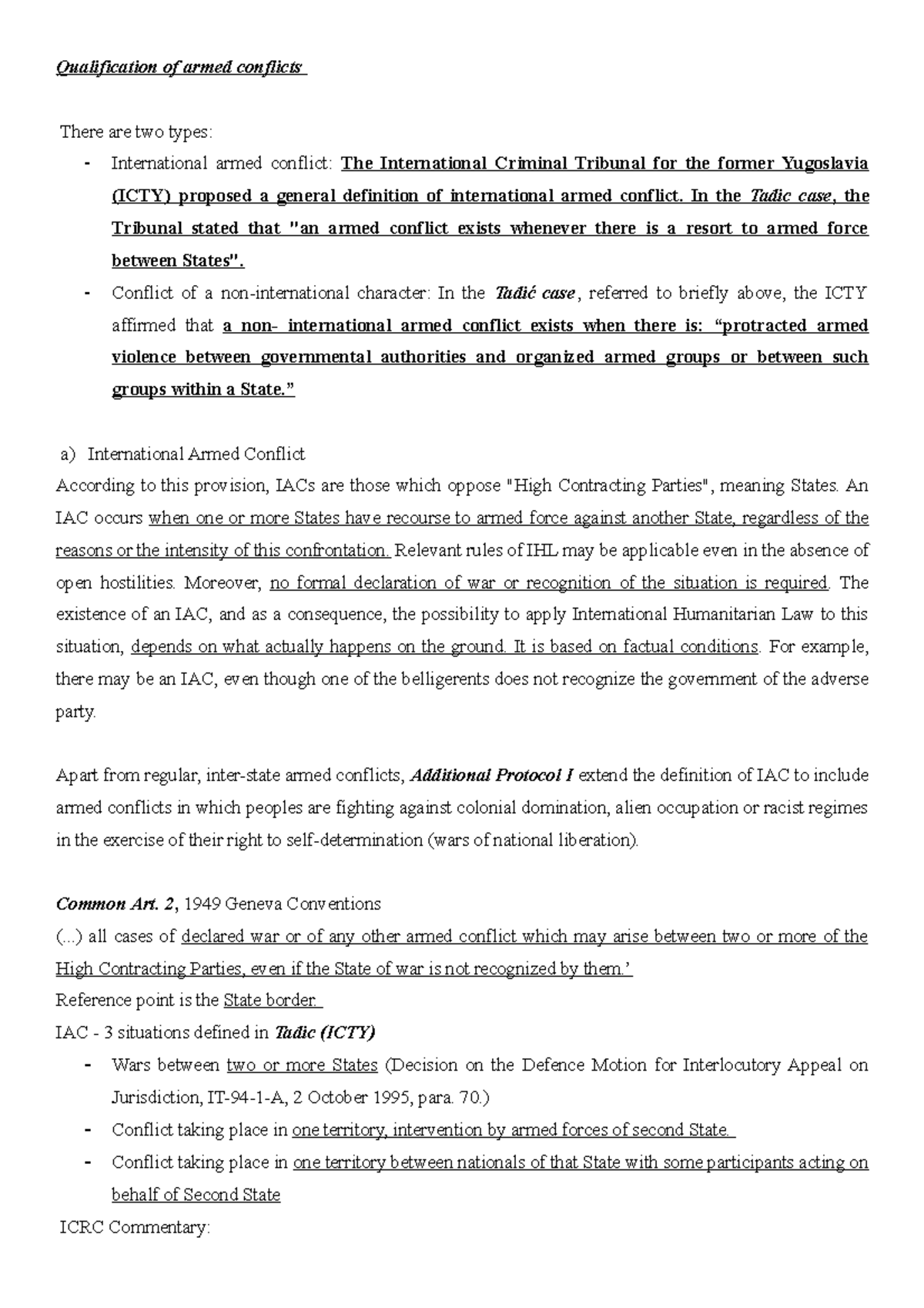 Qualification of armed conflicts - In the Tadic case, the Tribunal ...