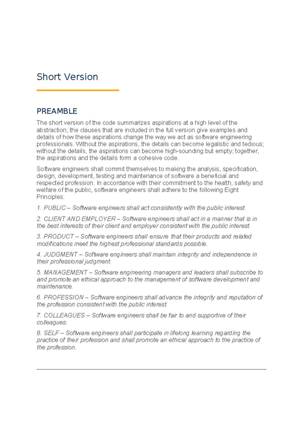IEEE CODE OF Ethics - Short Version PREAMBLE The short version of the ...