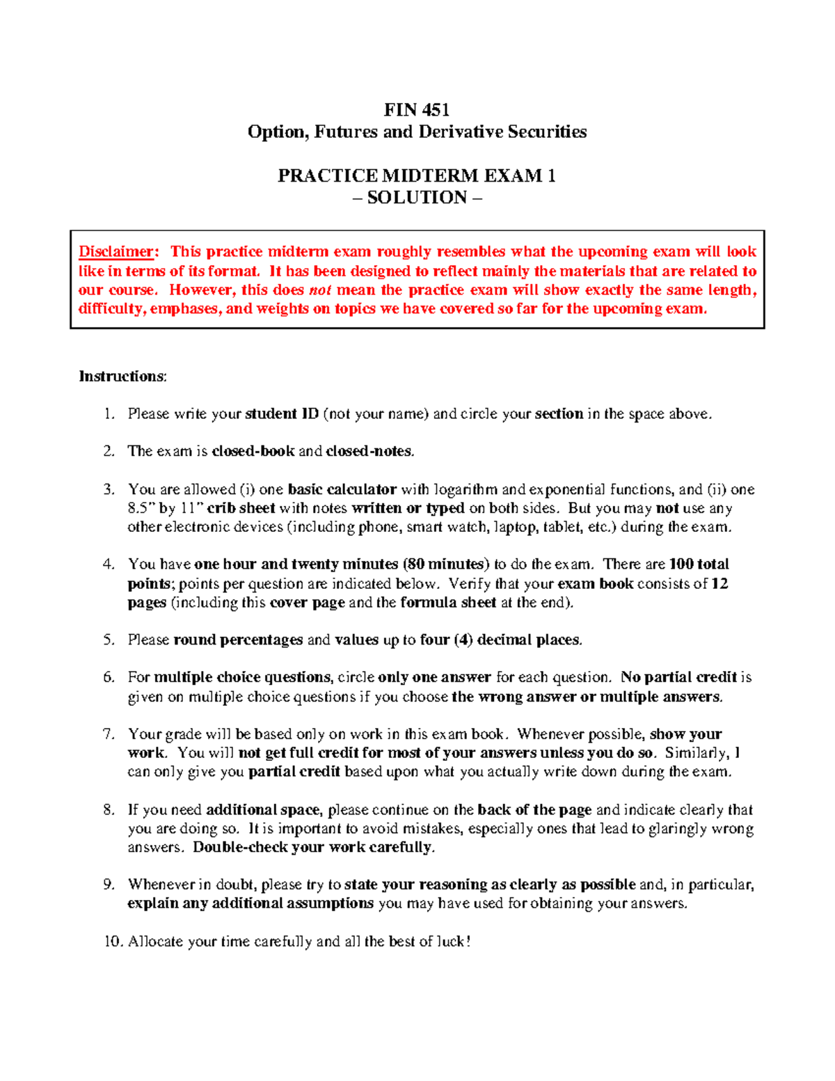 FIN451 Practice Midterm Exam 1 FL19 Solution - FIN 451 Option, Futures ...
