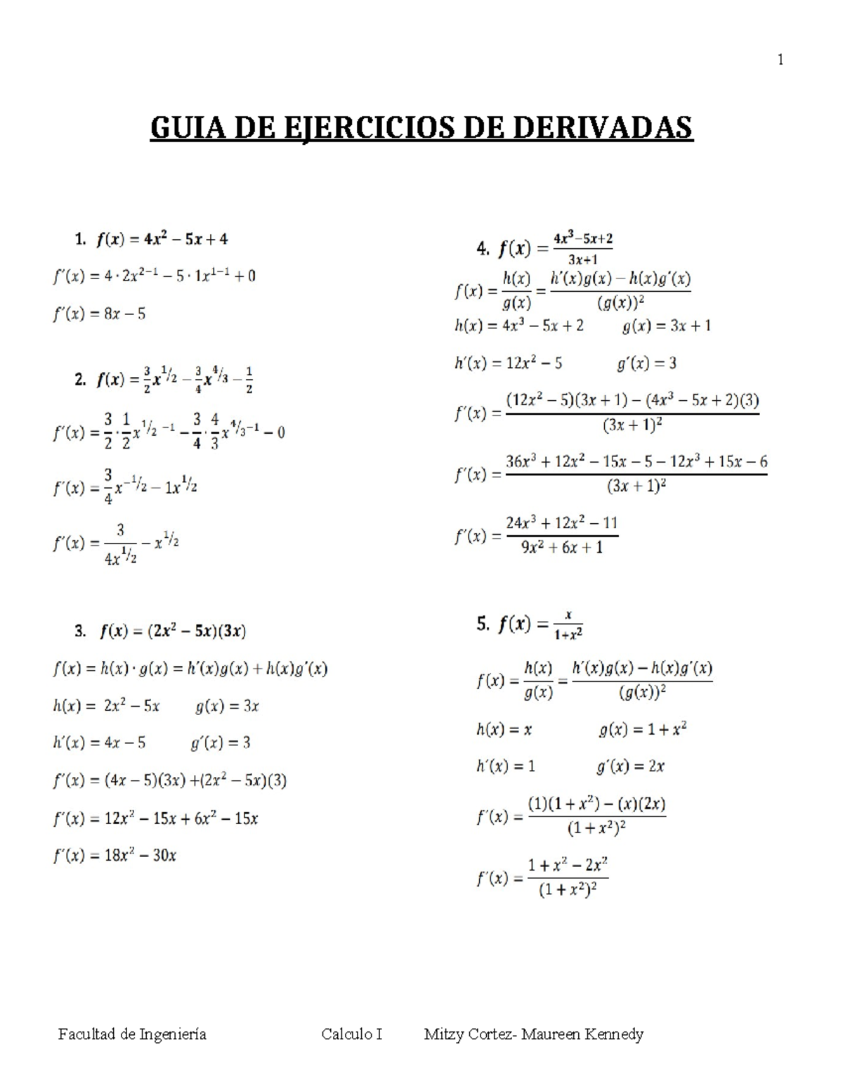 GUIA Extra DE Derivadas - Cálculo I - 1 GUIA DE EJERCICIOS DE DERIVADAS Facultad de Ingeniería ...
