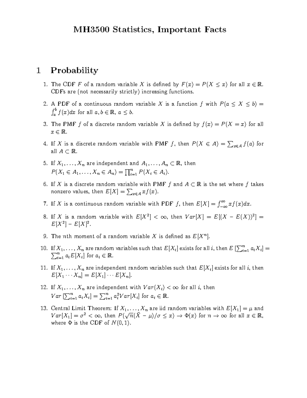 MH3500 Important Facts - MH3500 Statistics, Important Facts 1 Probability The CDF F of a random ...