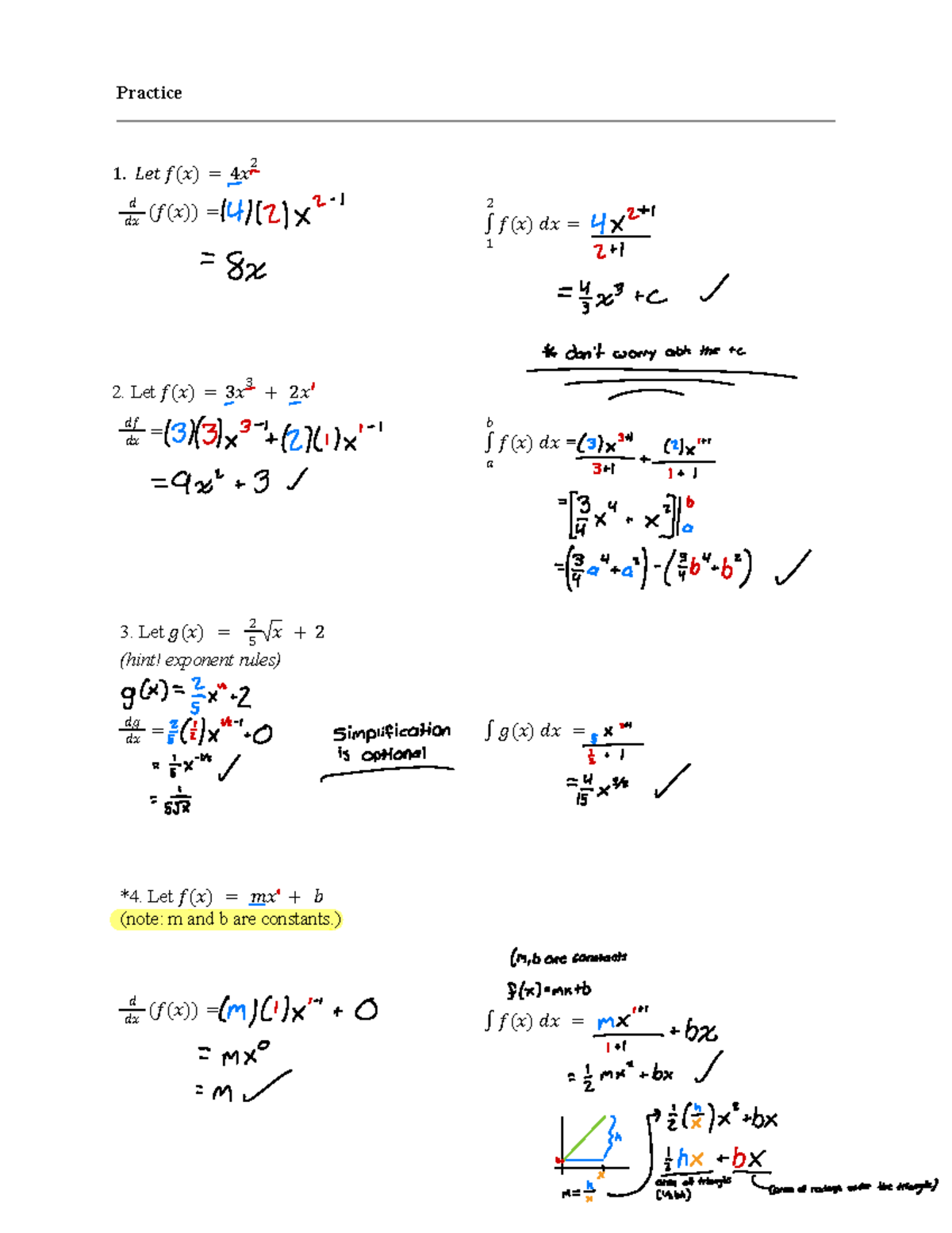 Answer key - Practice 1. 𝐿𝑒𝑡 𝑓(𝑥) = 4 𝑥 2 𝑑 𝑑𝑥 (𝑓(𝑥)) = 1 2 ∫ 𝑓(𝑥) 𝑑𝑥 ...