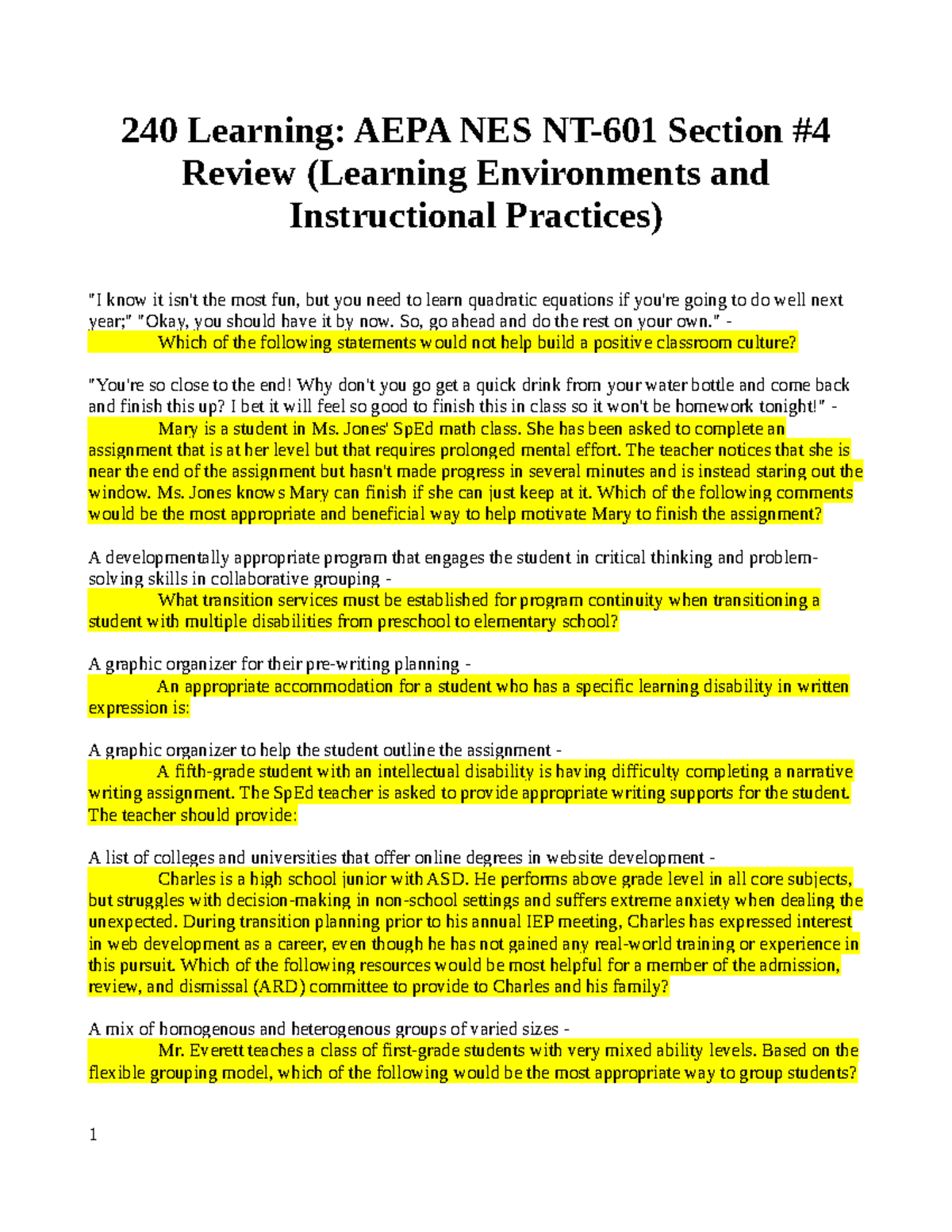 240 Learning: AEPA NES NT-601 Section #4 Review (Learning Environments and Instructional ...