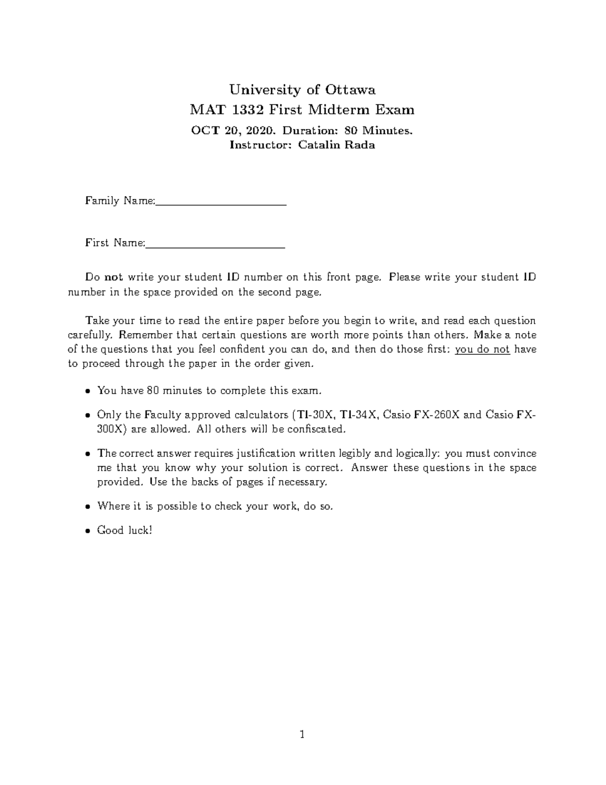 Test1 version A - MT 1 - MAT1332 - uOttawa - StuDocu