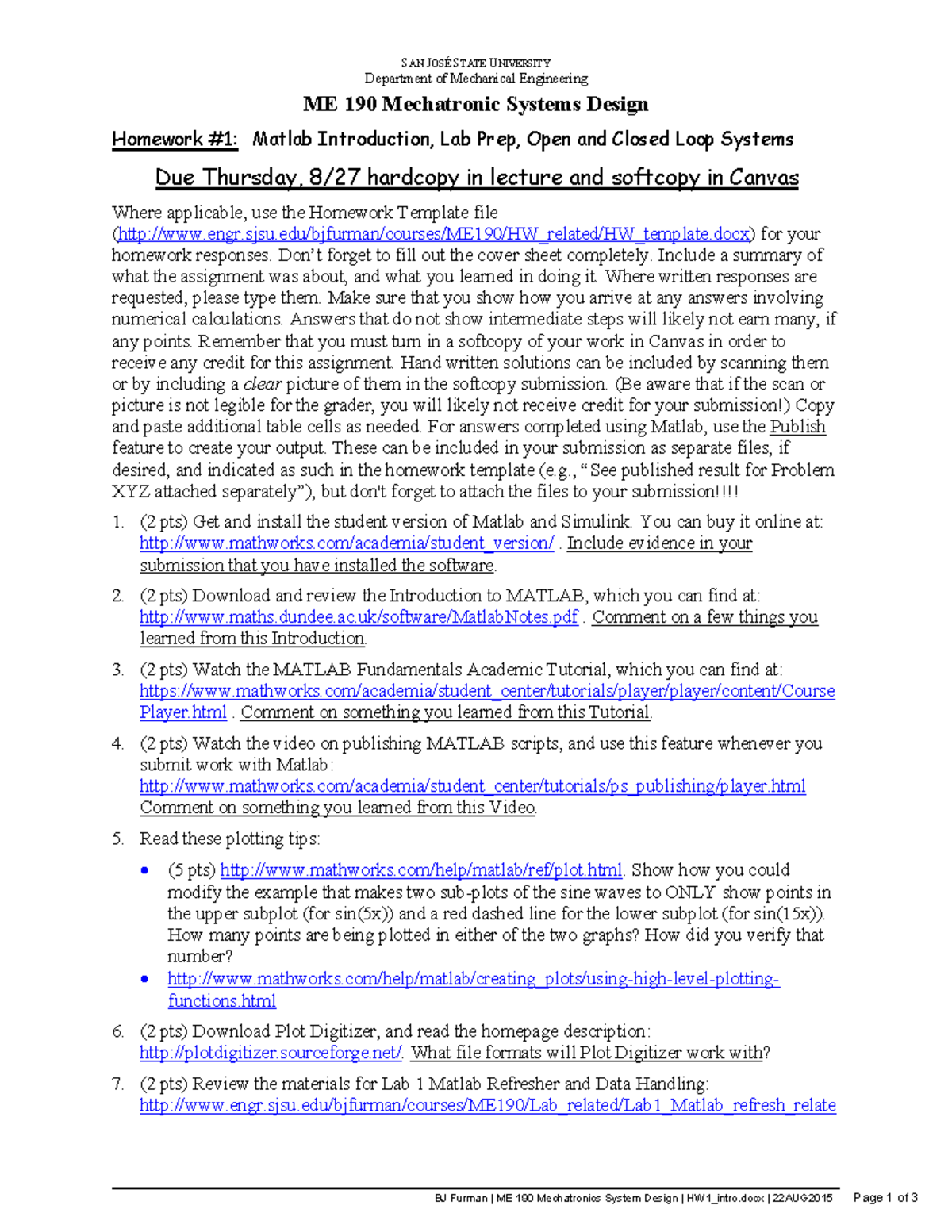 ME 190 Homework 1 - SANJOSÉSTATEUNIVERSITY Department of Mechanical ...