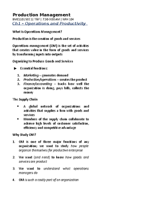Production Management - Notes - Production Management BME1101 SEC 1| T ...