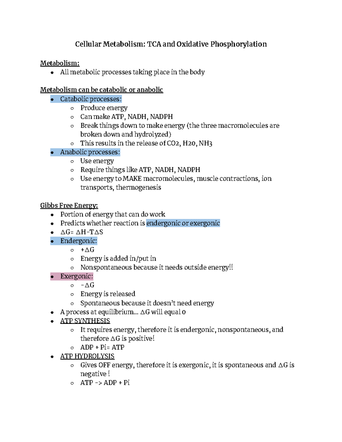 Biochemistry Notes - Cellular Metabolism: TCA and Oxidative ...