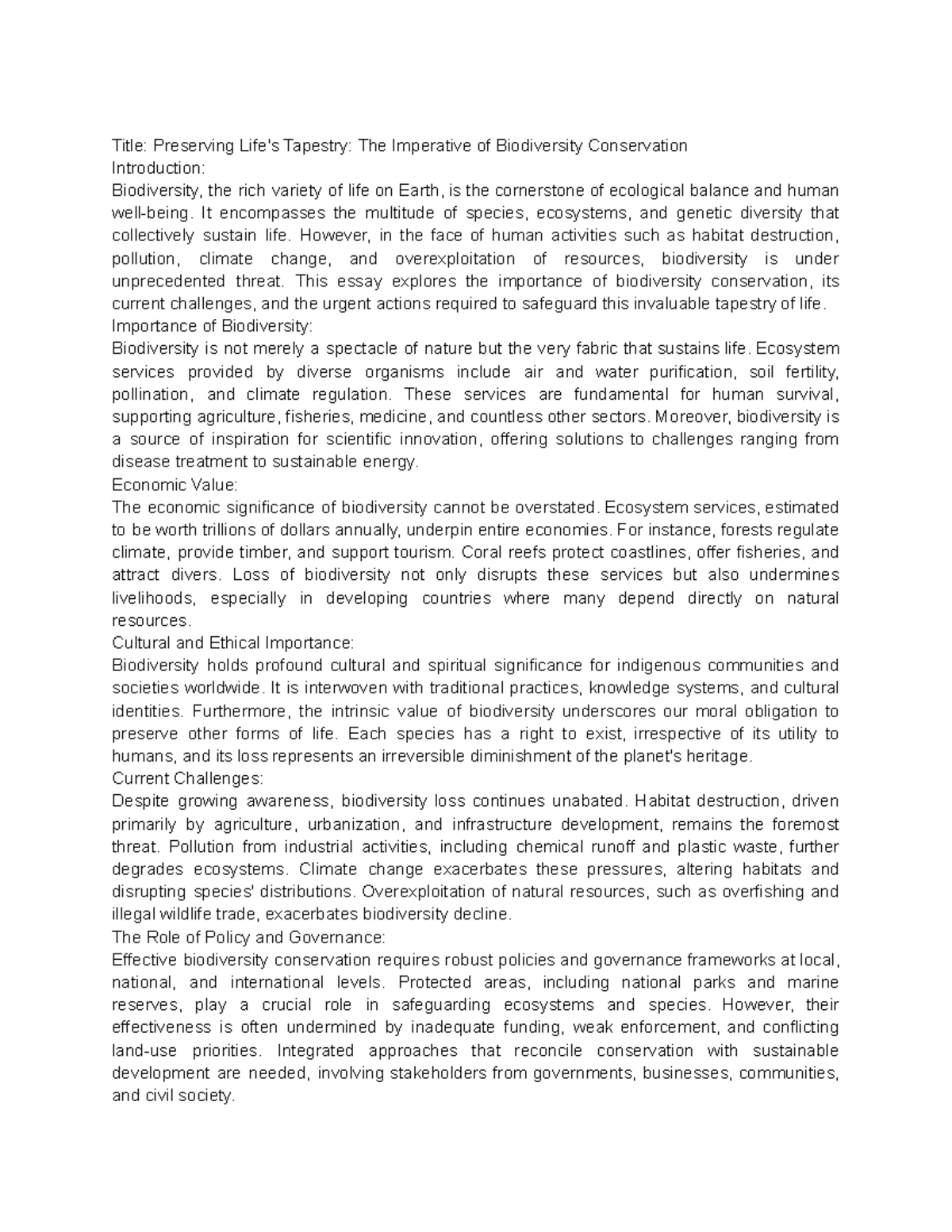 Biodiversity essay - Title: Preserving Life's Tapestry: The Imperative ...