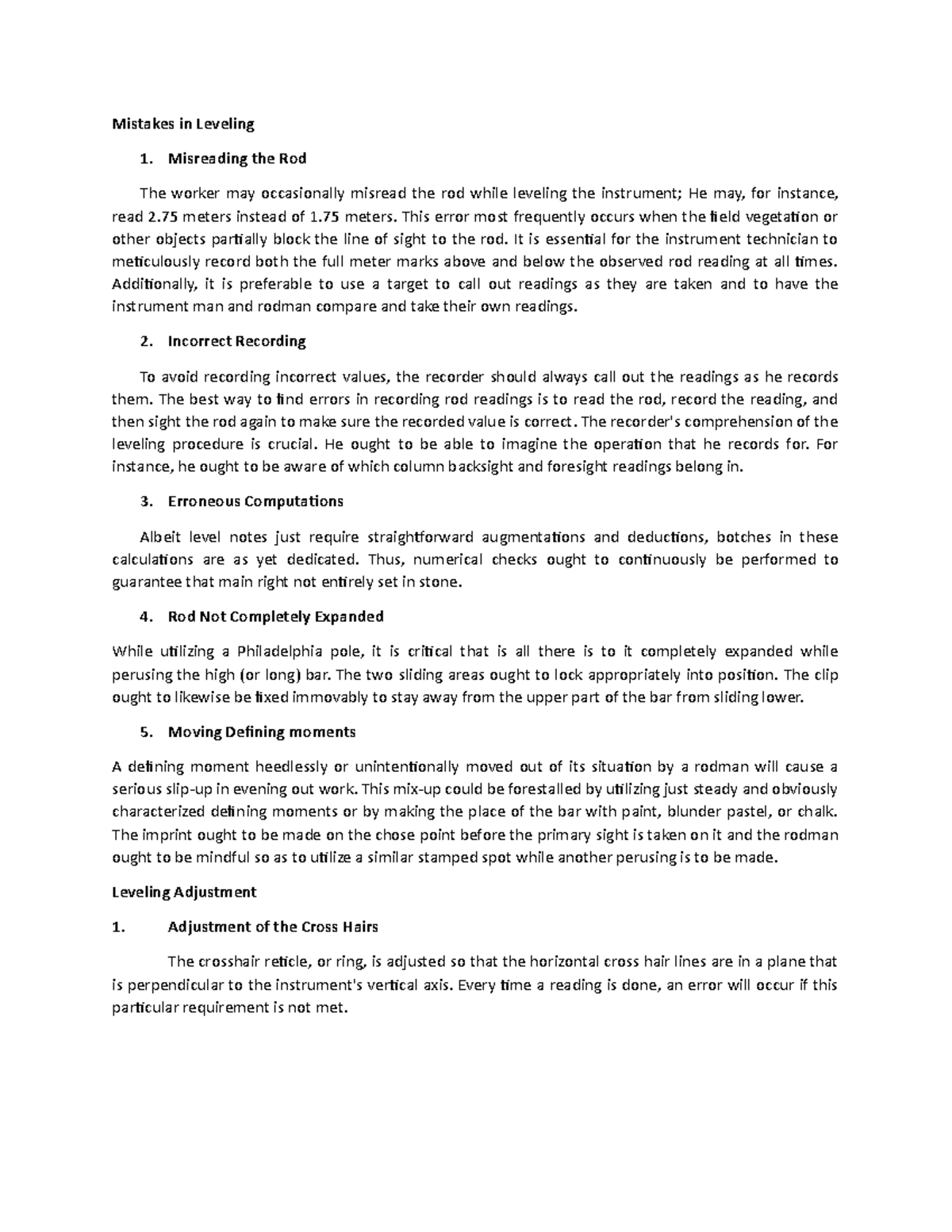 Leveling Adjustment - Mistakes in Leveling Misreading the Rod The ...