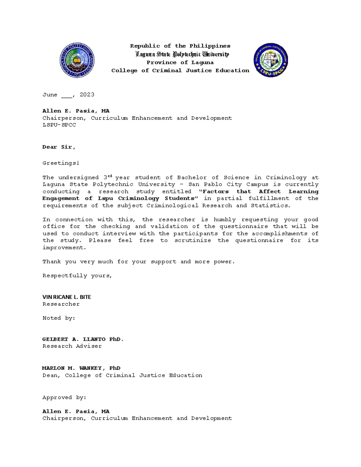 Letter-TO- Validate 1 - lecture notes - Republic of the Philippines ...