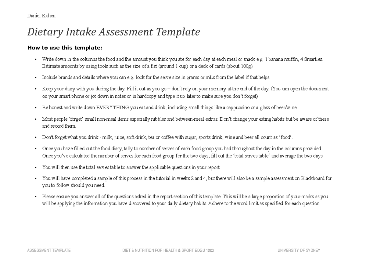 Dietary Analysis Assessment DK - Daniel Kohen Dietary Intake Assessment ...