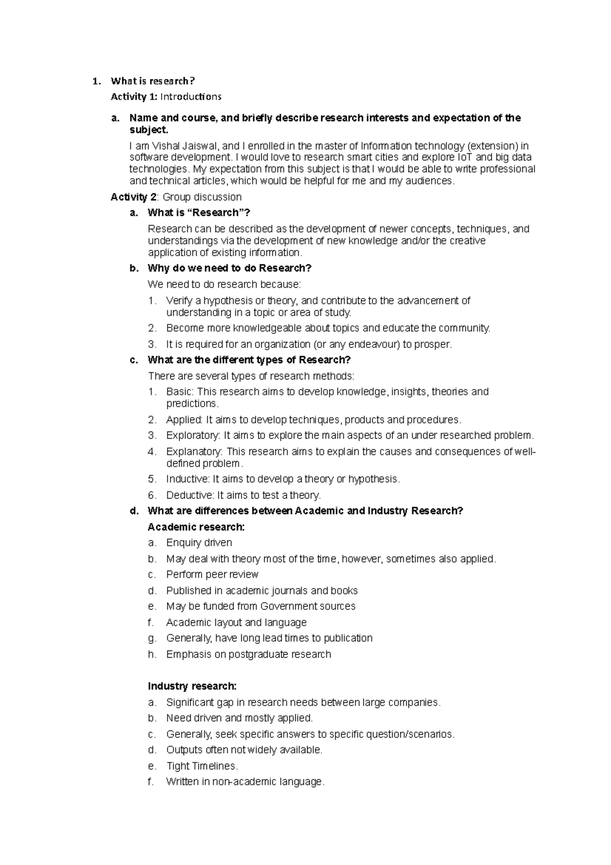 Week02 assignment - 1. What is research? Activity 1: Introductions a ...